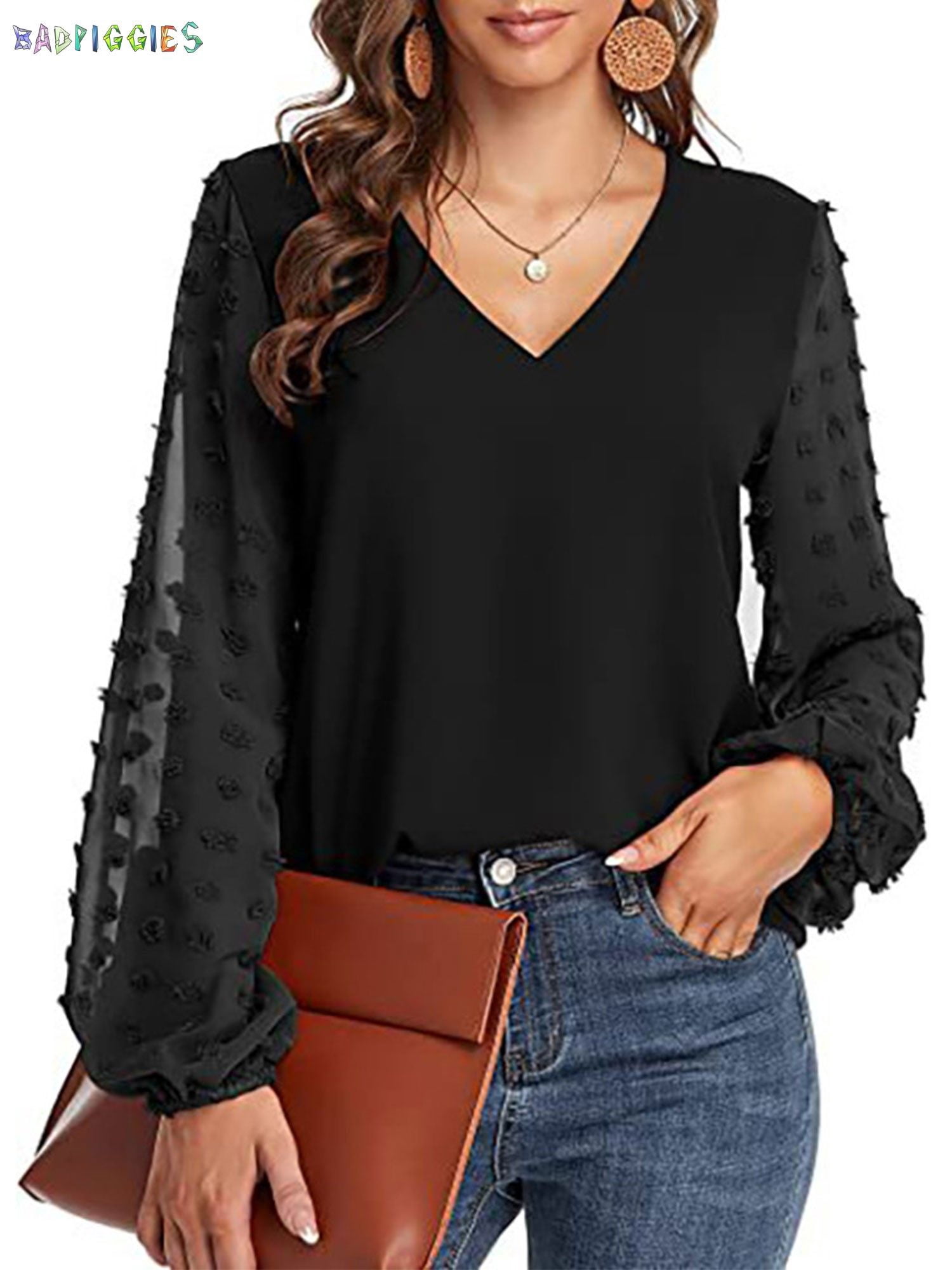 BadPiggies Women's V Neck Chiffon Blouse with Swiss Dot, Long Sleeve ...