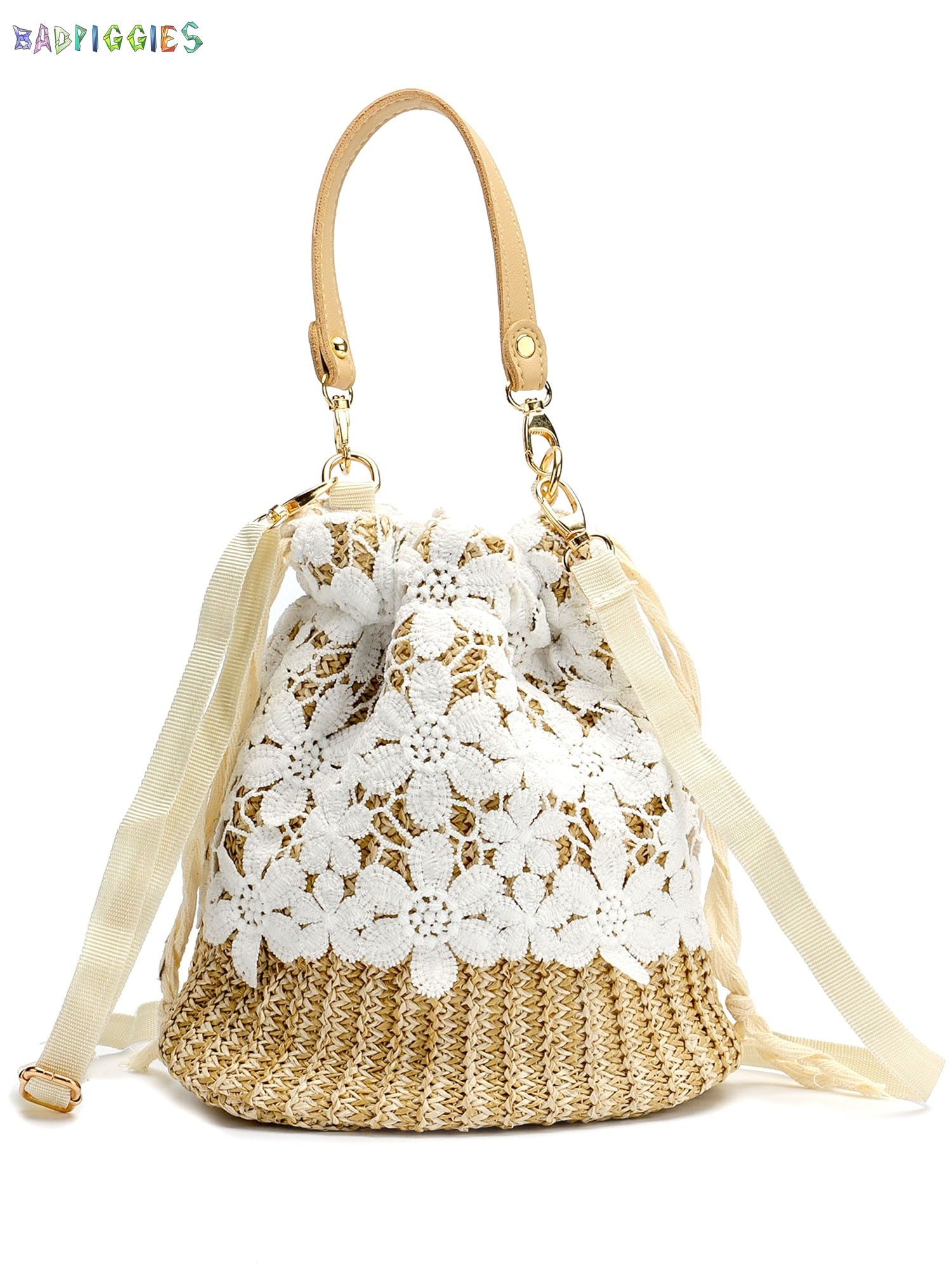 BadPiggies Women's Large Crossbody Straw Bucket Bag, Bohemia Beach Tote ...