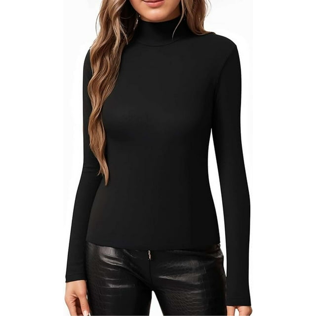 BadPiggies Women's Mock Turtleneck Long Sleeve Shirt Basic Layer Stretch Slim Fit Tops (M, Black ...