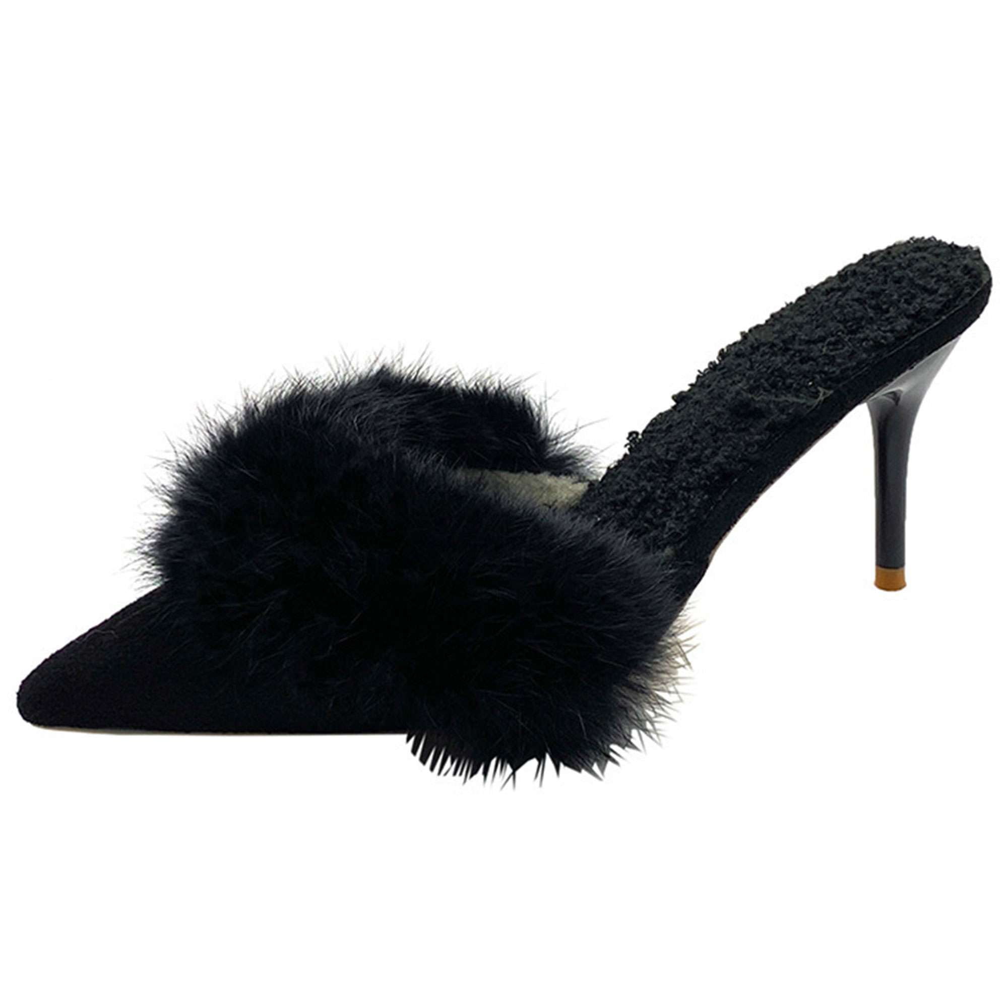 BadPiggies Women's Pointed Toe Stiletto Heels Mules Fluffy Plush Slip ...