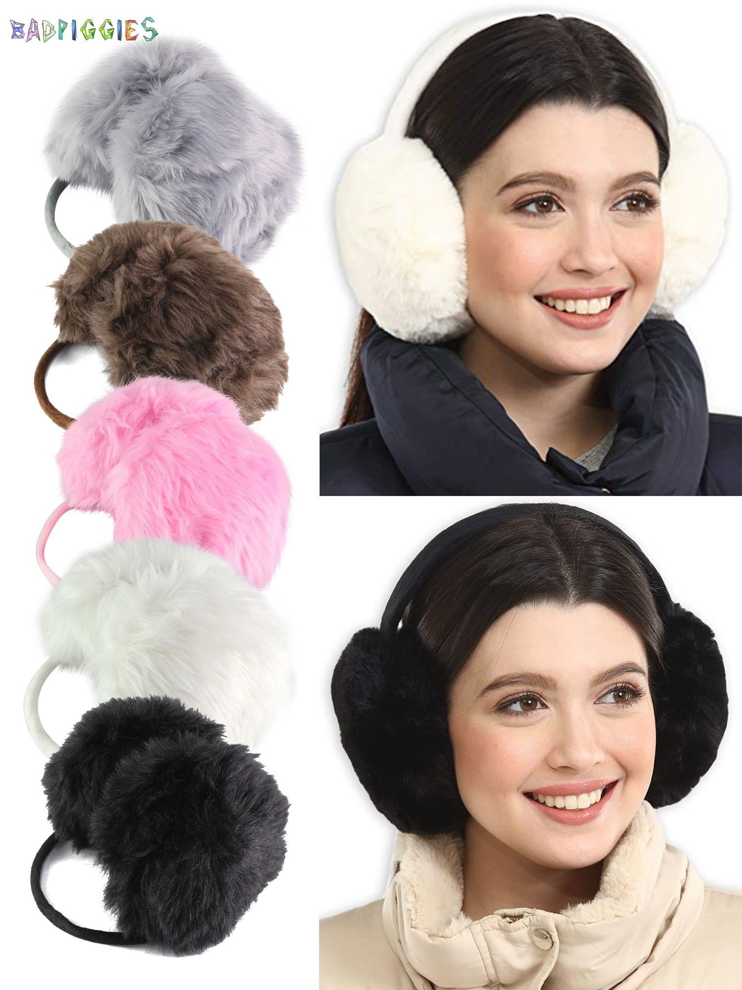 BadPiggies Womens Plush Ear Muffs Winter Ear Warmers, Soft & Warm Faux Fur Furry Fleece Earmuffs ...