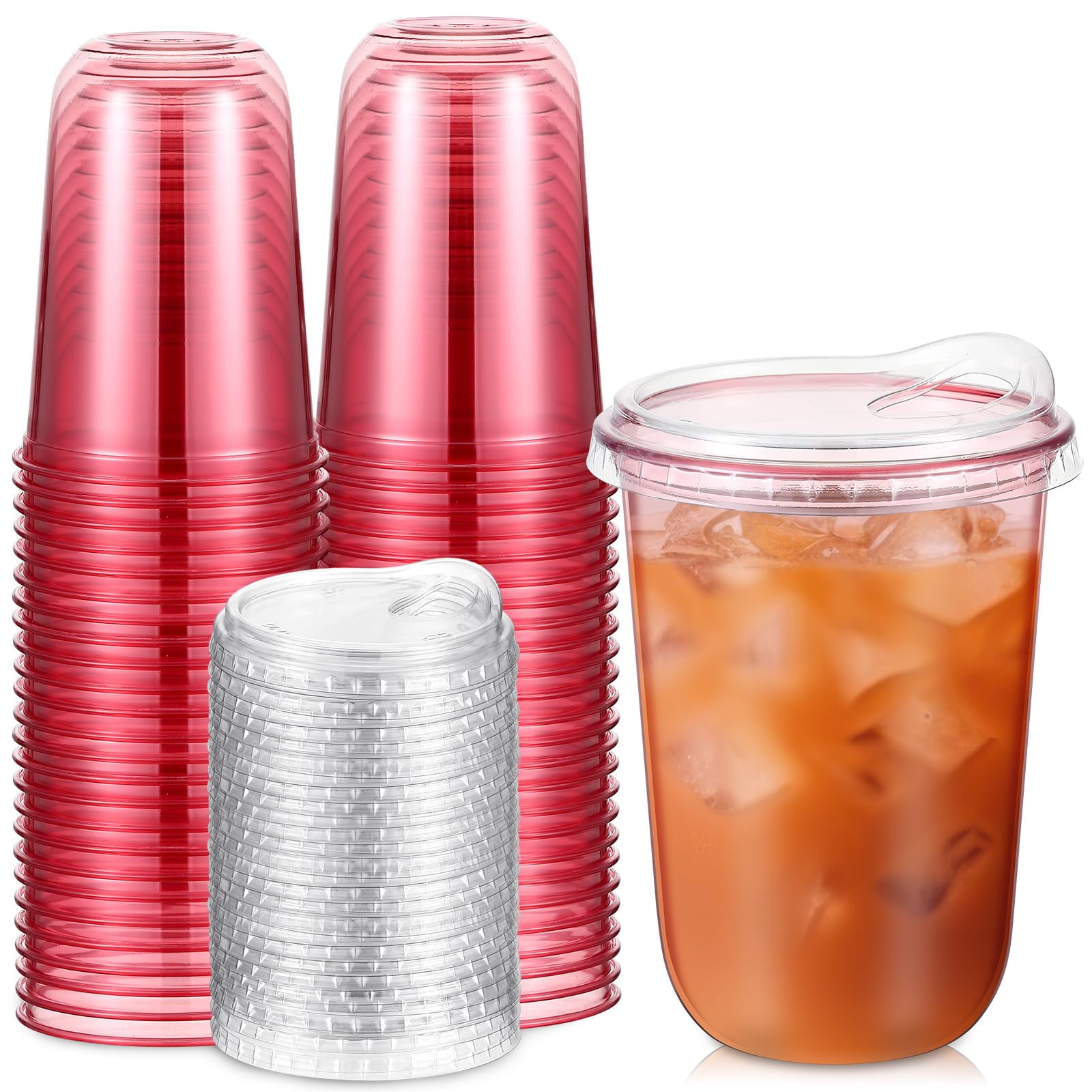 Baderke 50 Pcs Round Bottom Plastic Cups with Sip Lids Clear Disposable ...