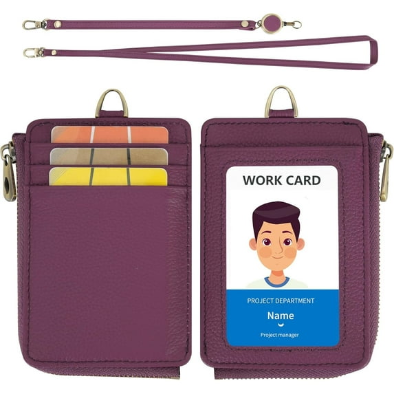 Badge Holder Card Wallet Real Leather with Zipper, Detachable Lanyard ...