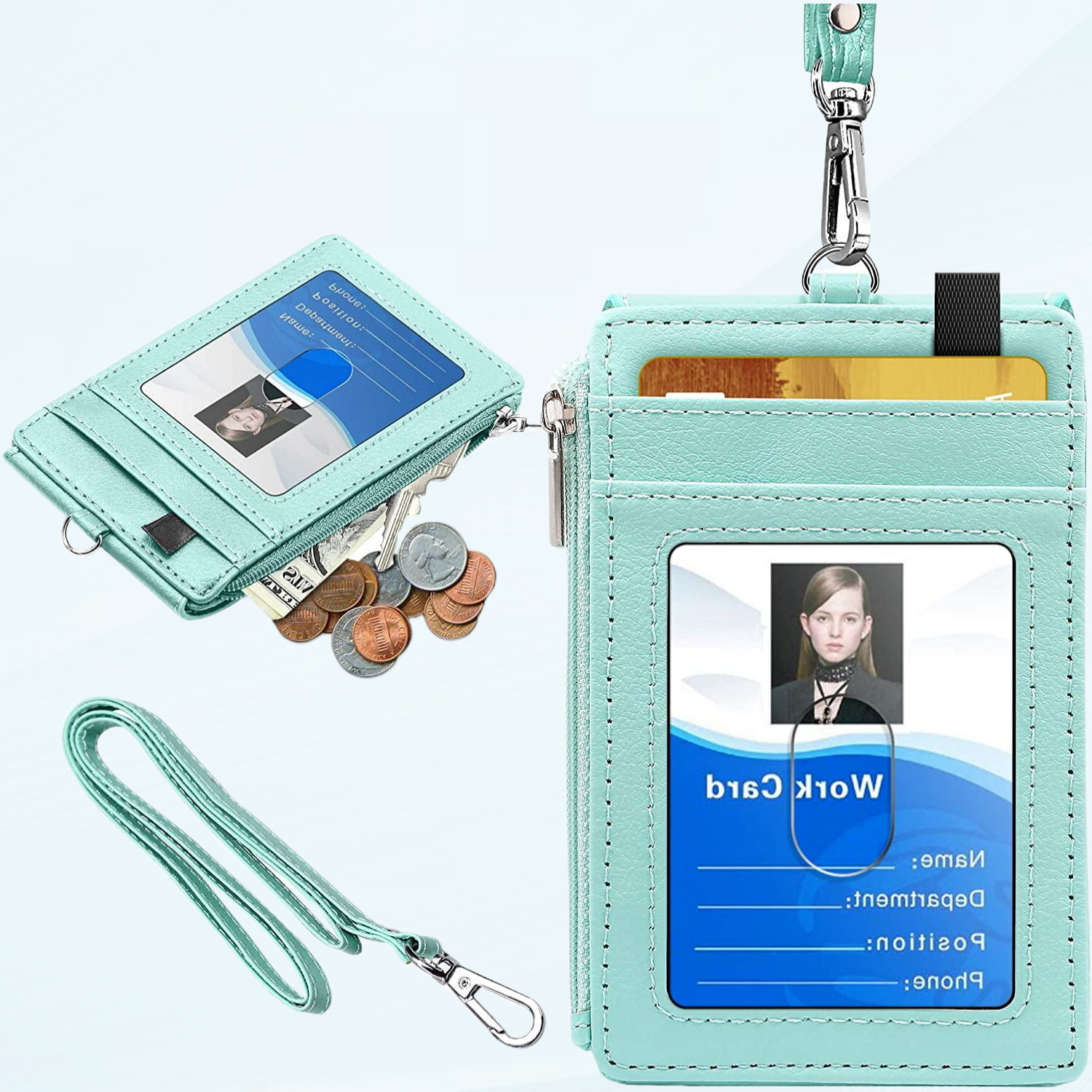Badge Holder with Zipper, PU Leather ID Badge Card Holder Wallet with 5 ...