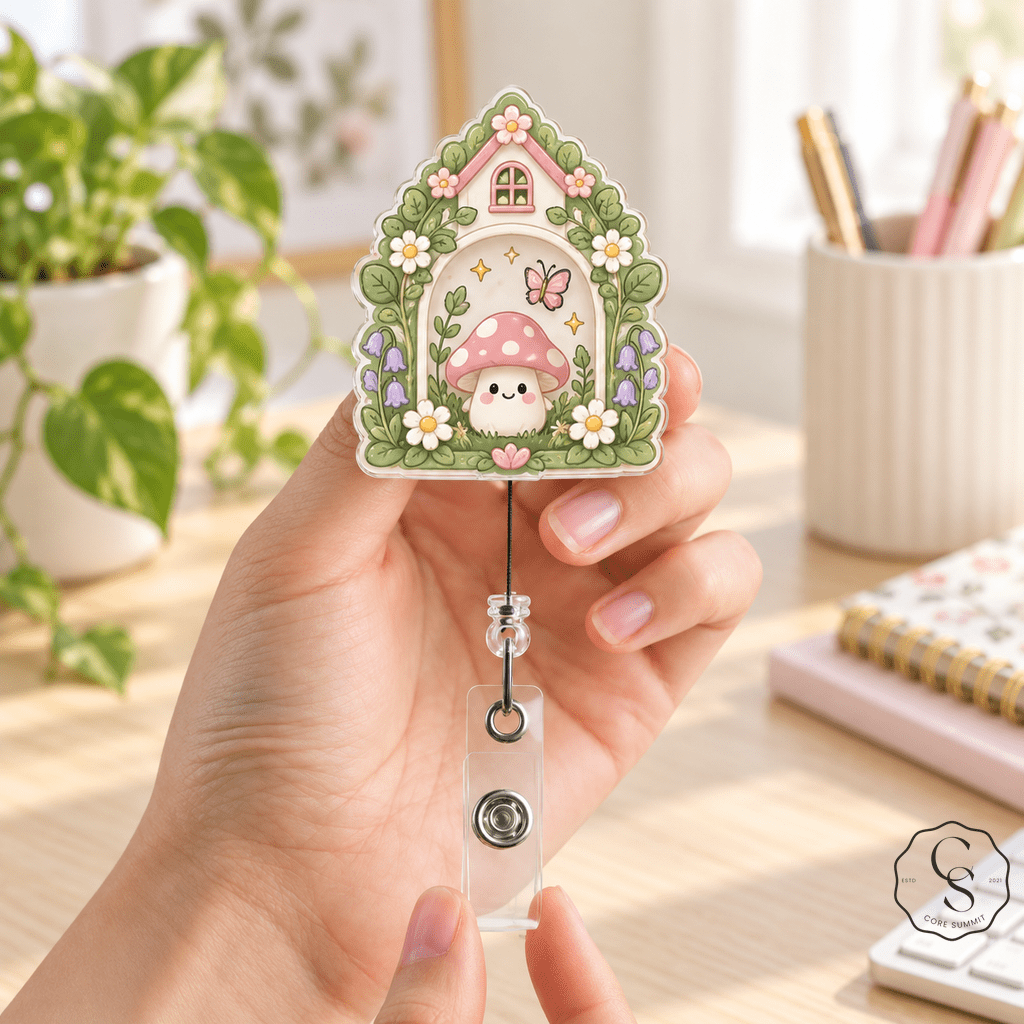 Badge Reel, Whimsical Mushroom Cottage Floral Retractable ID Holder for ...