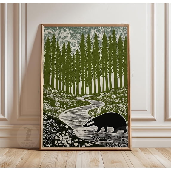 Badger Forest River Poster, Green Linocut Woodland Print, Scenic Nature ...