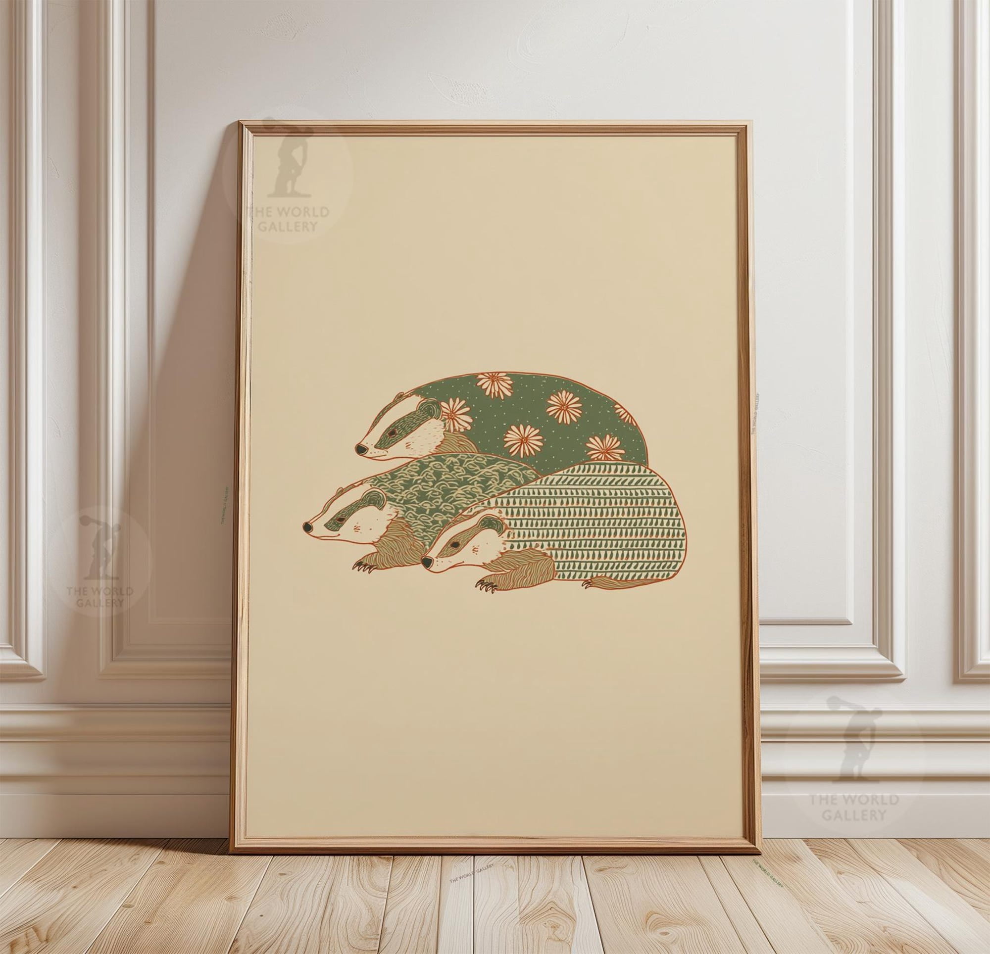 Badger Illustration Poster Green Brown Woodland Animal Print Minimal ...