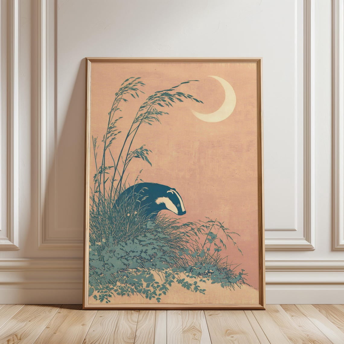 Badger Moon Japanese Wildlife Beige Blue Nature Illustration Art ...