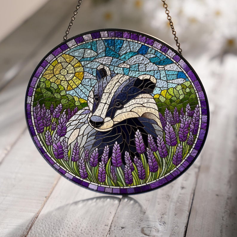 Badger among Lavender Field GLASS Suncatcher Hanging, Funny Badger ...
