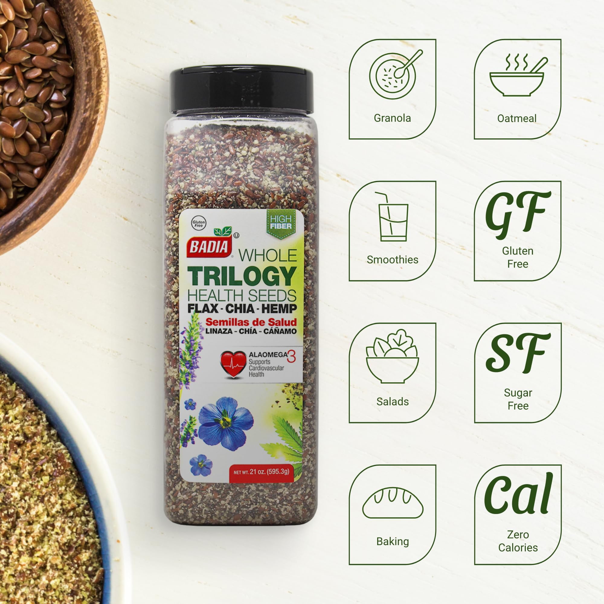 Badia Trilogy Health TWE5 Seed, Flax, Chia, Hemp Seeds Blend, High ...