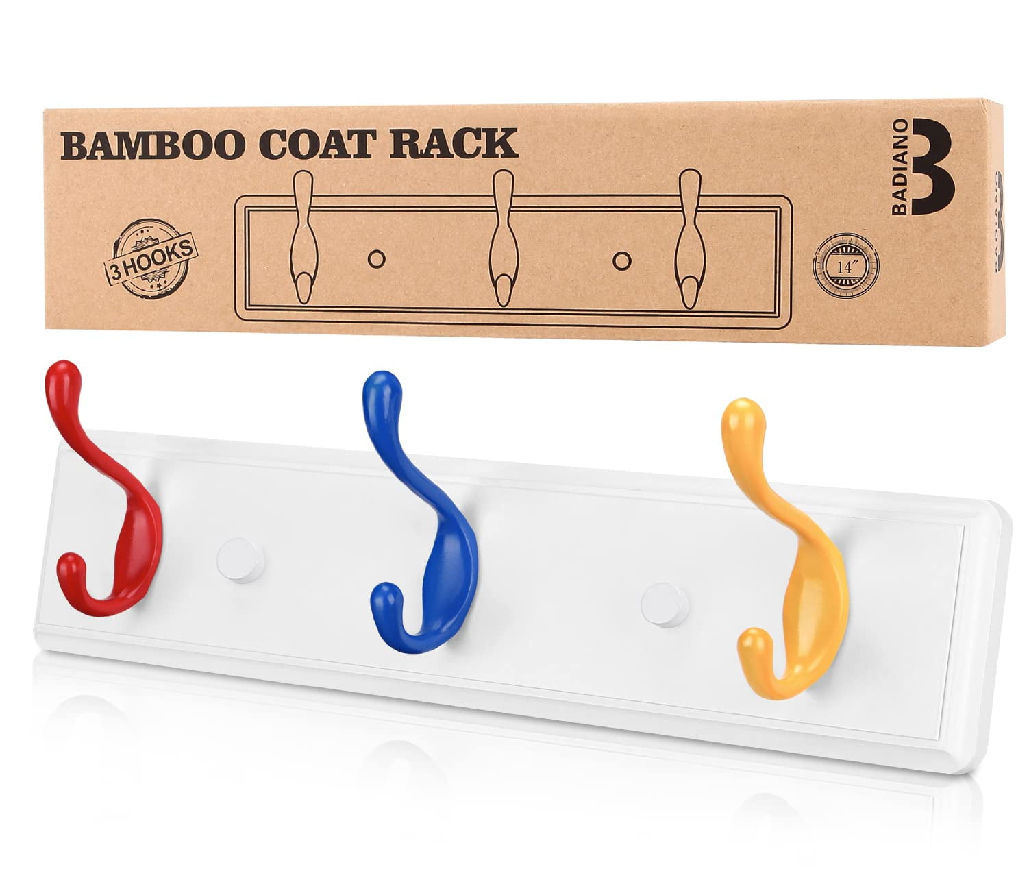 Badiano Wall Mount Wood Coat Rack with 3-Dual-Hooks, Bamboo Hanging ...