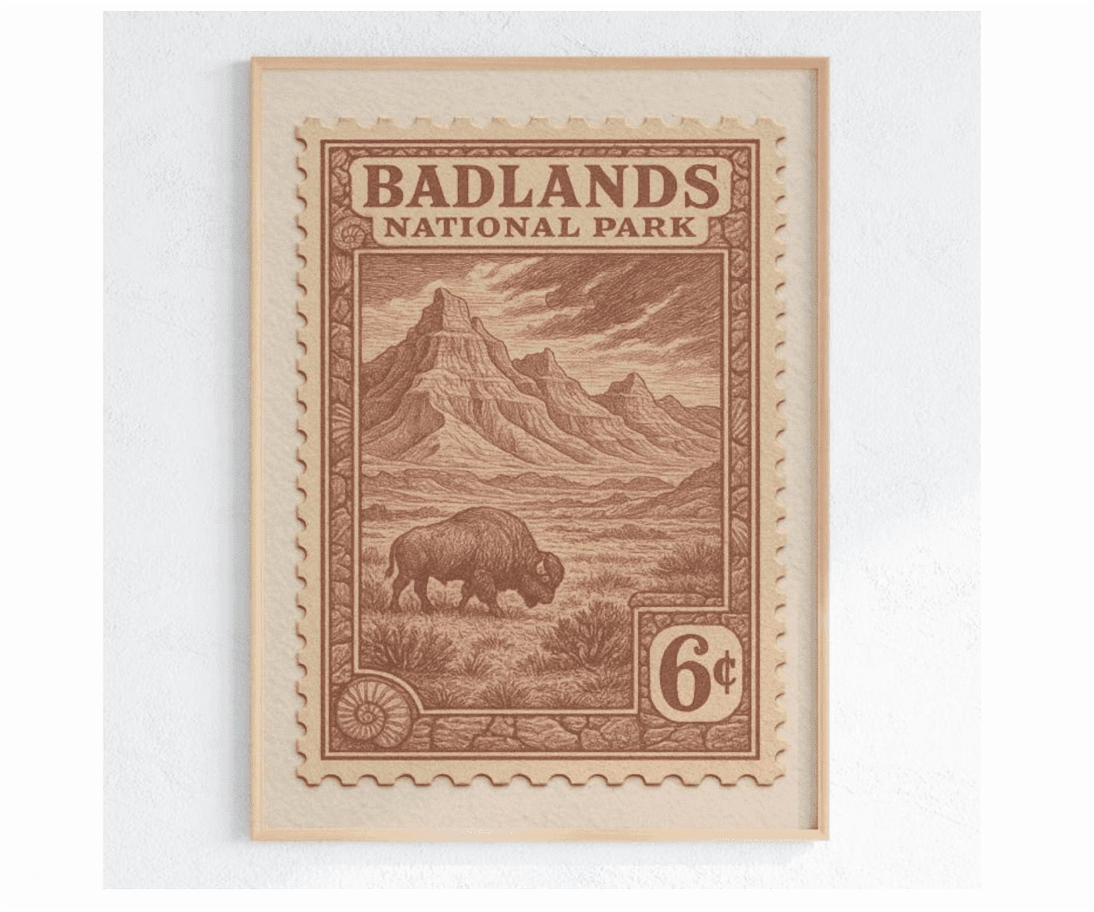 Badlands National Park Stamp Art Vintage Bison and Western Landscape ...