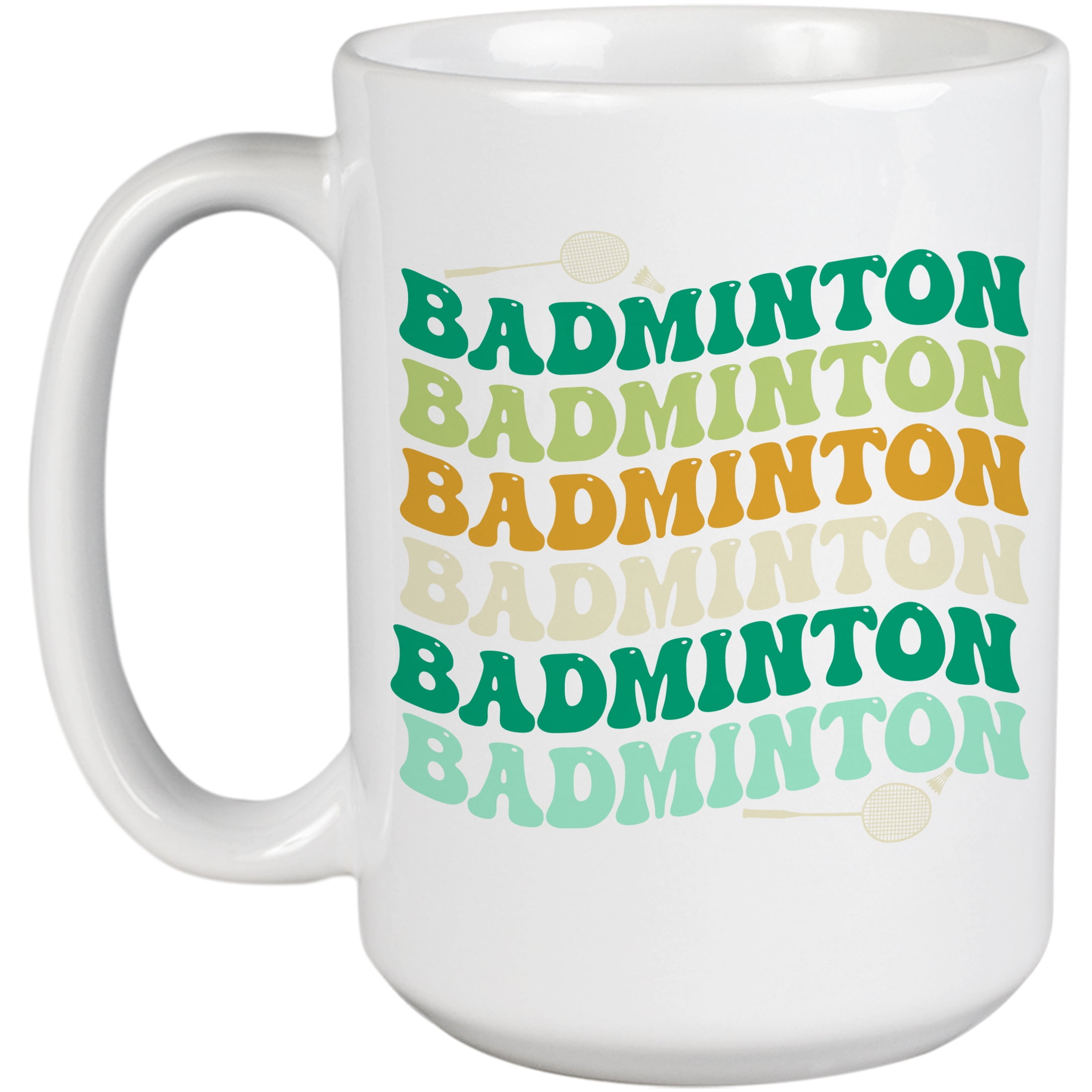 Badminton, Groovy Retro Wavy Text Merch Gift, White 15oz Ceramic Mug ...