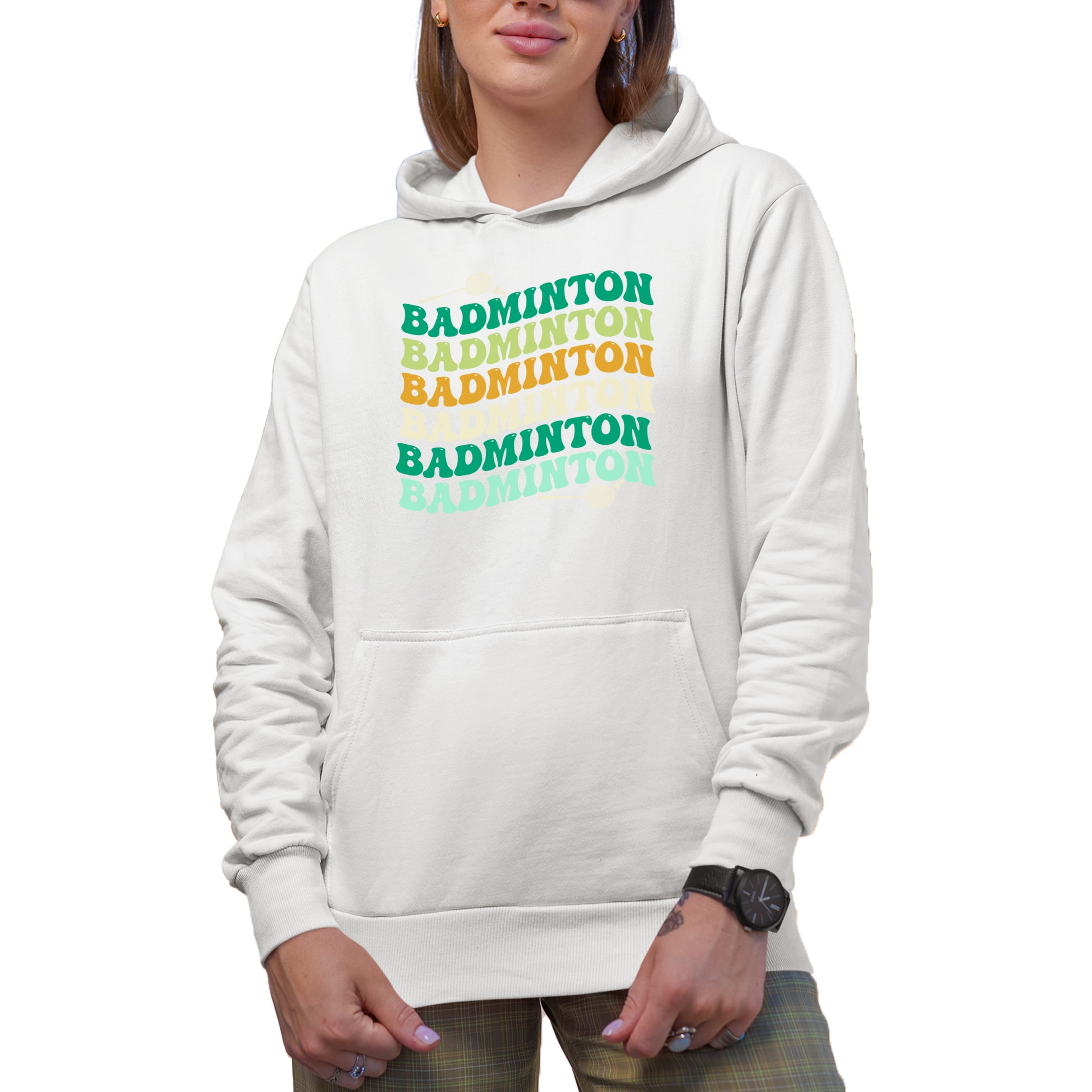 Badminton, Groovy Retro Wavy Text Merch Gift, White Hooded Sweatshirt ...