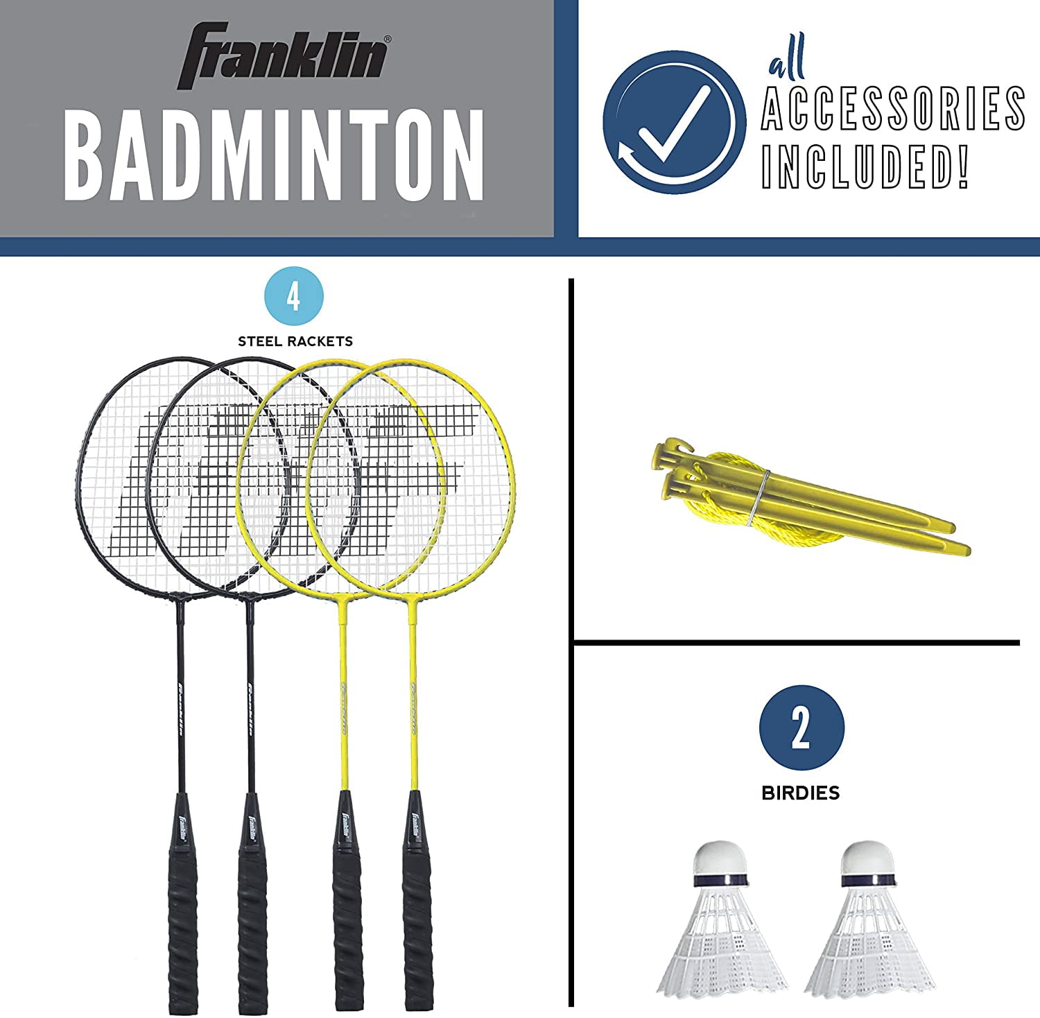 Badminton Net Set - Outdoor Backyard & Beach Play - 4 Rackets + 2 ...