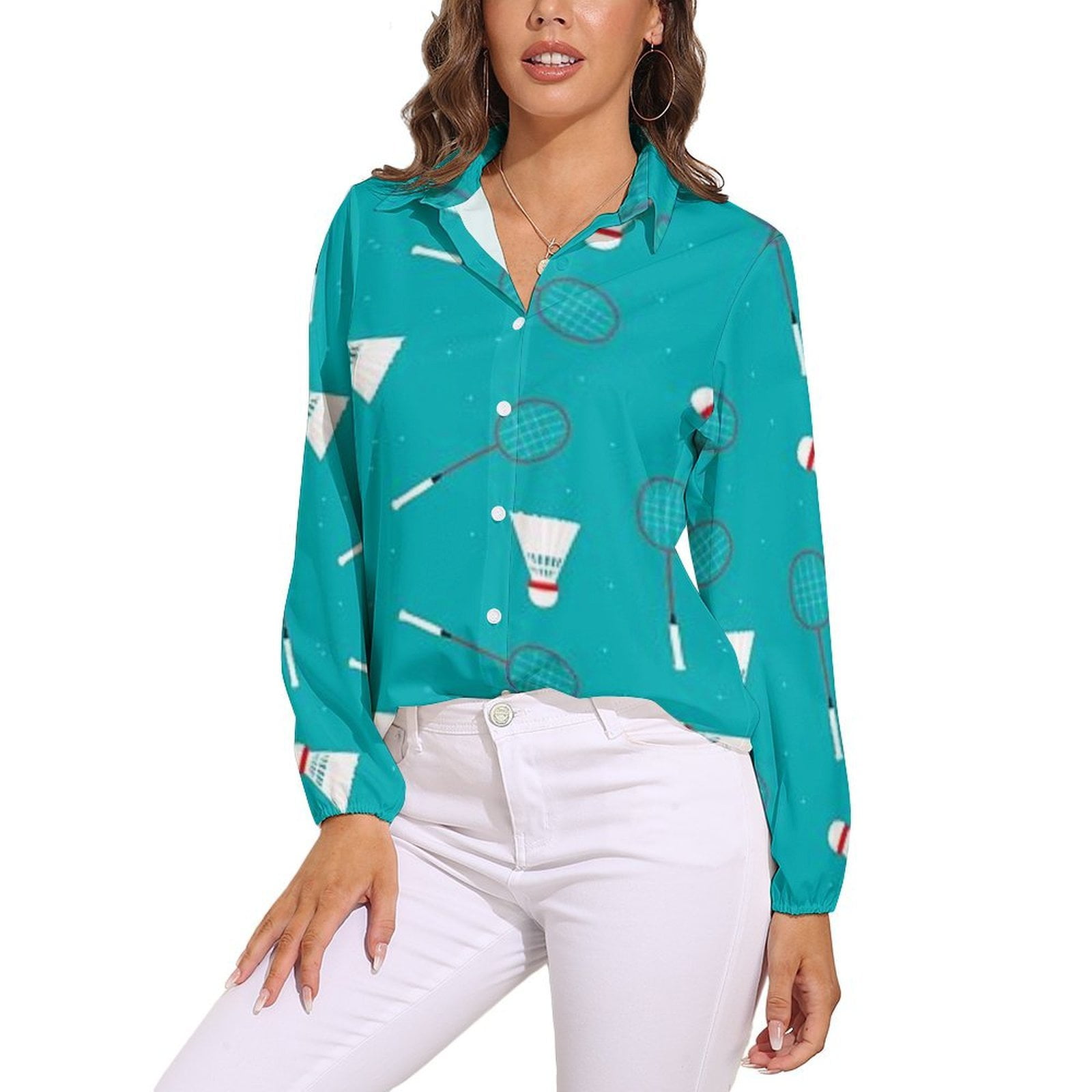 Badminton Racket Shuttlecock Pattern Women Long Sleeve Shirts Clothing ...