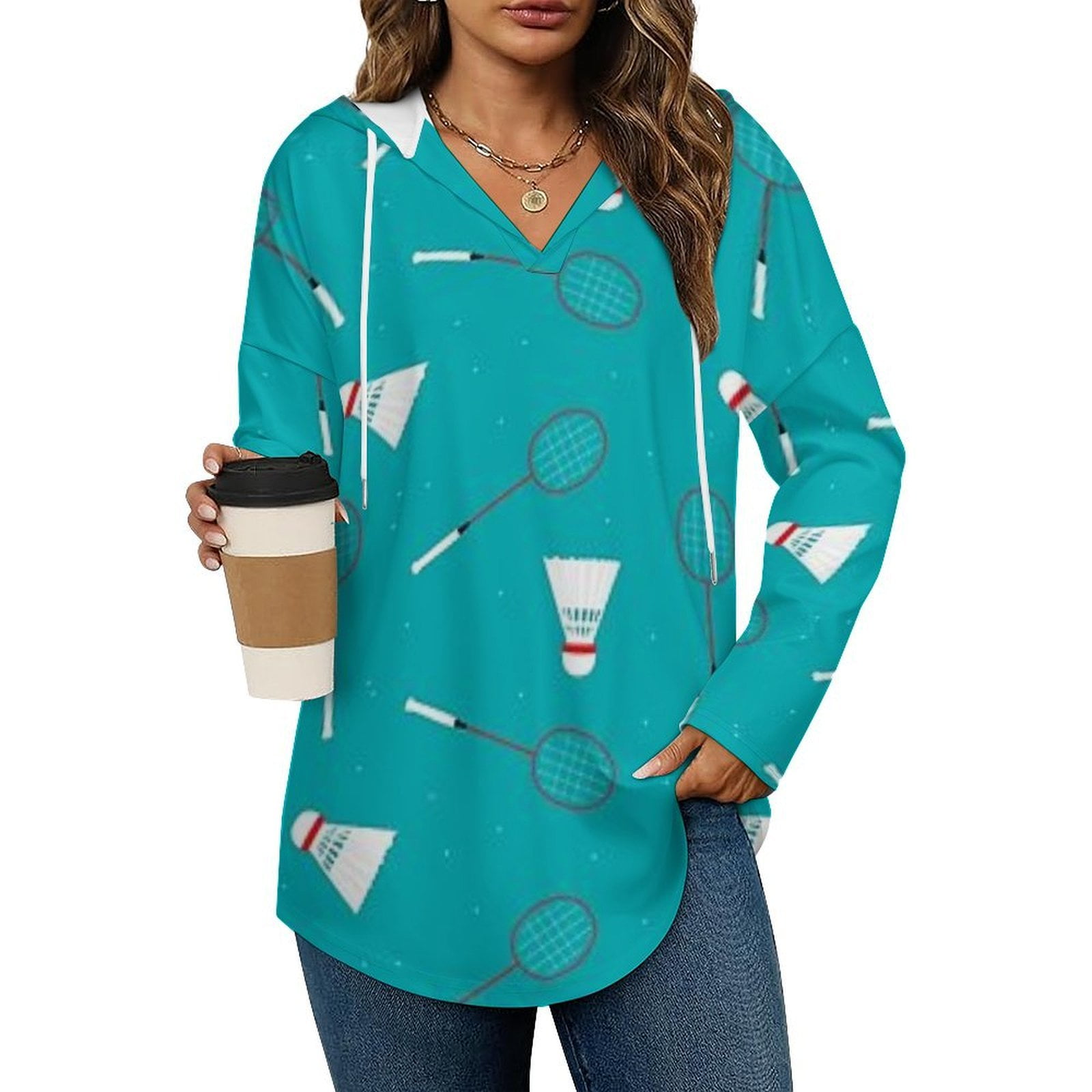 Badminton Racket Shuttlecock Pattern Women's V-neck Casual Sports ...