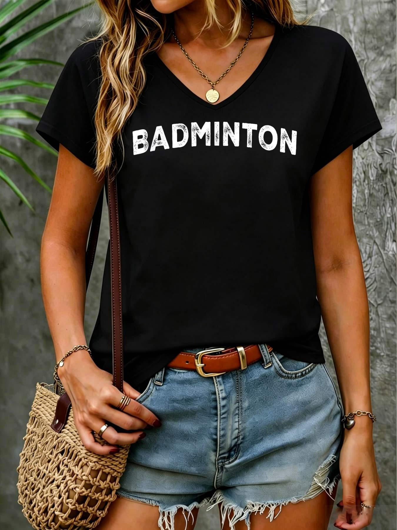 Badminton V Neck T-Shirt Cotton Women's V Neck Graphic Tee, Casual ...