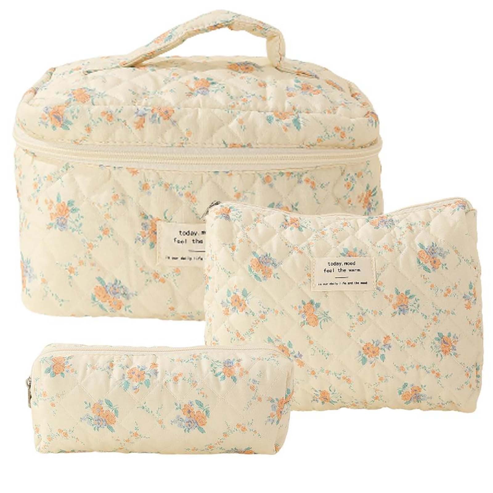 BadyminCSL 3 Pcs Cotton Quilted Makeup Bag Set Floral Cotton Cosmetic ...