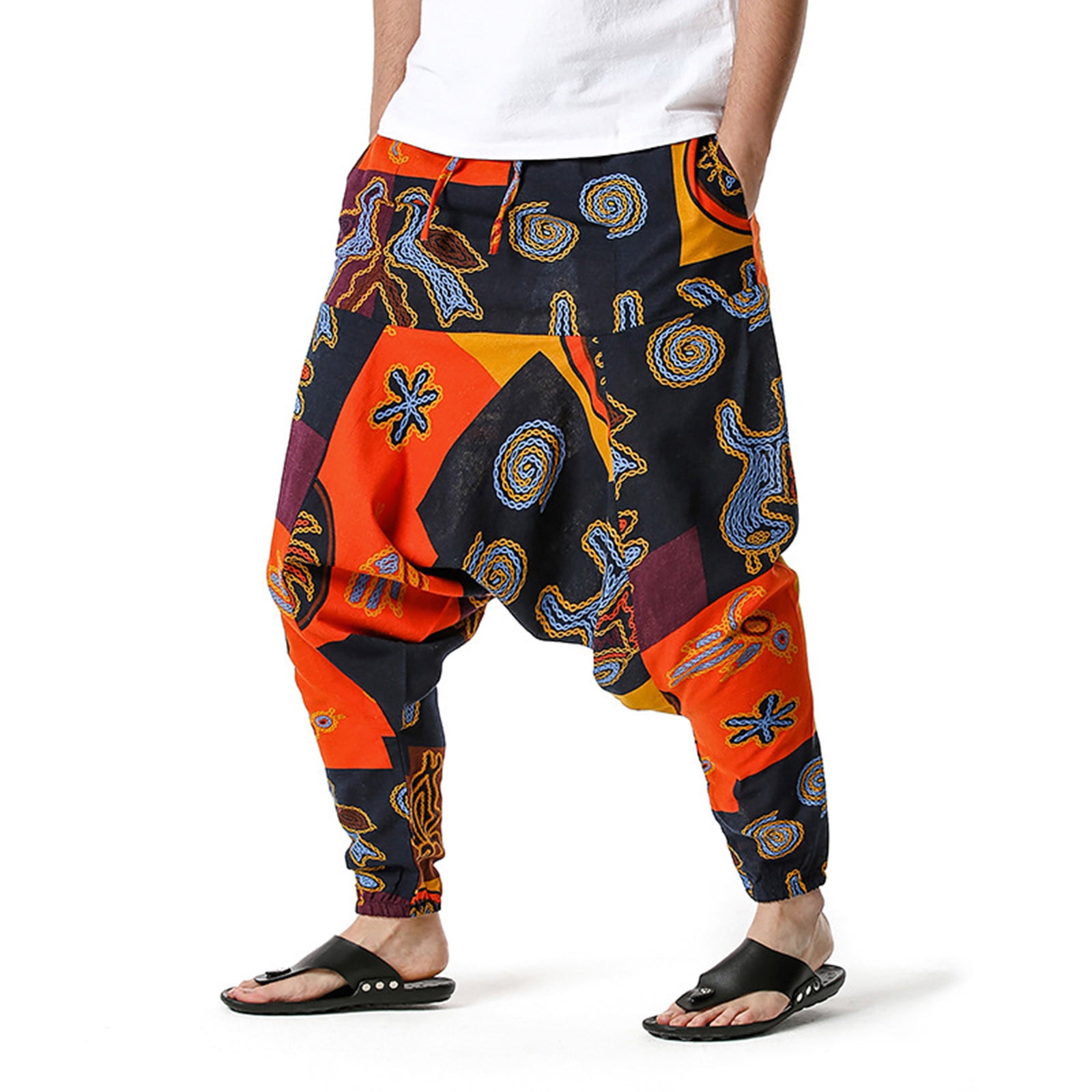 BadyminCSL Pants for Man Clearance Men s Hippie Pants Baggy Boho Trousers Linen Drawstring Harem Yoga Long Pants