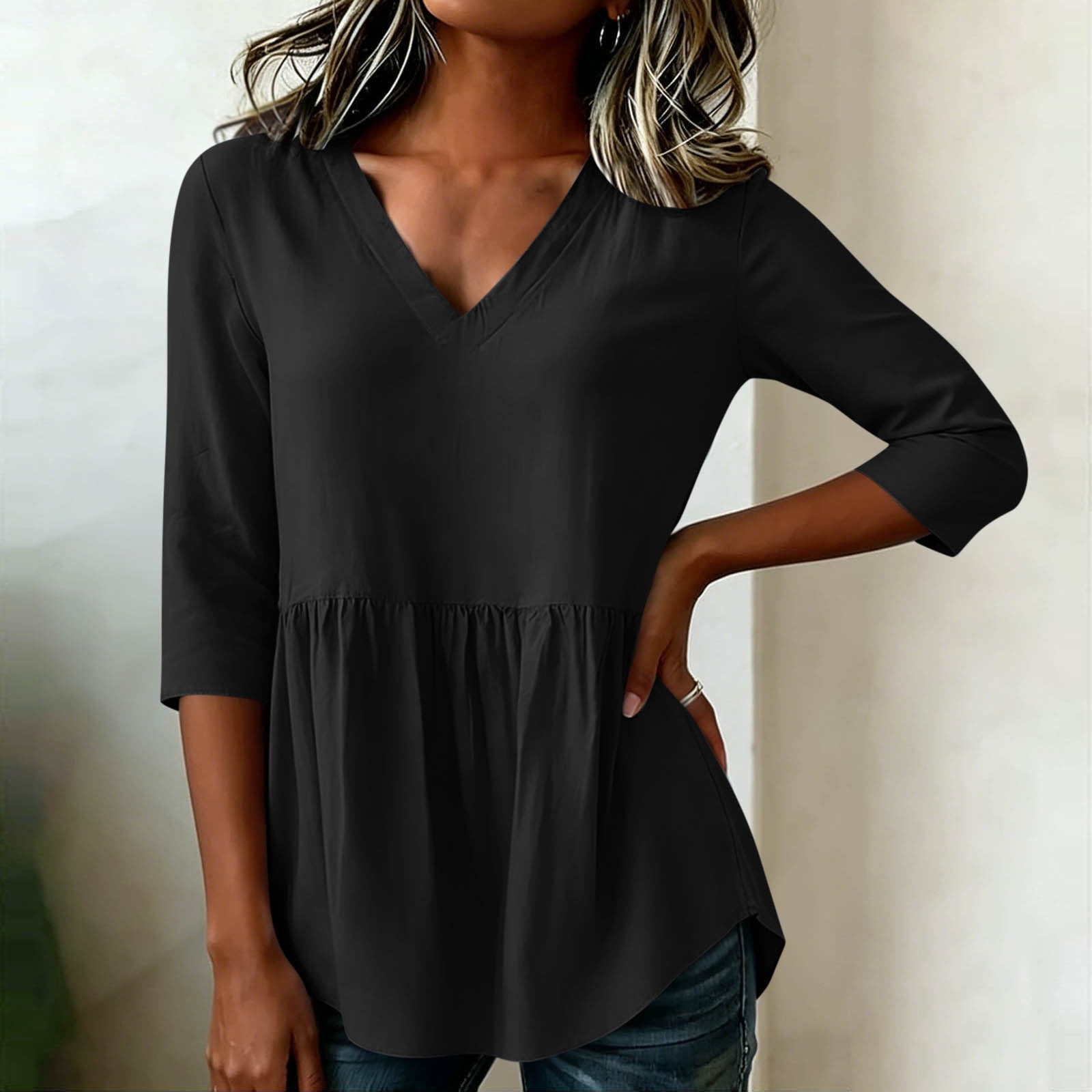 Baeitkot Women's 3/4 Sleeve V-Neck Top Fashion Casual Women's Solid ...
