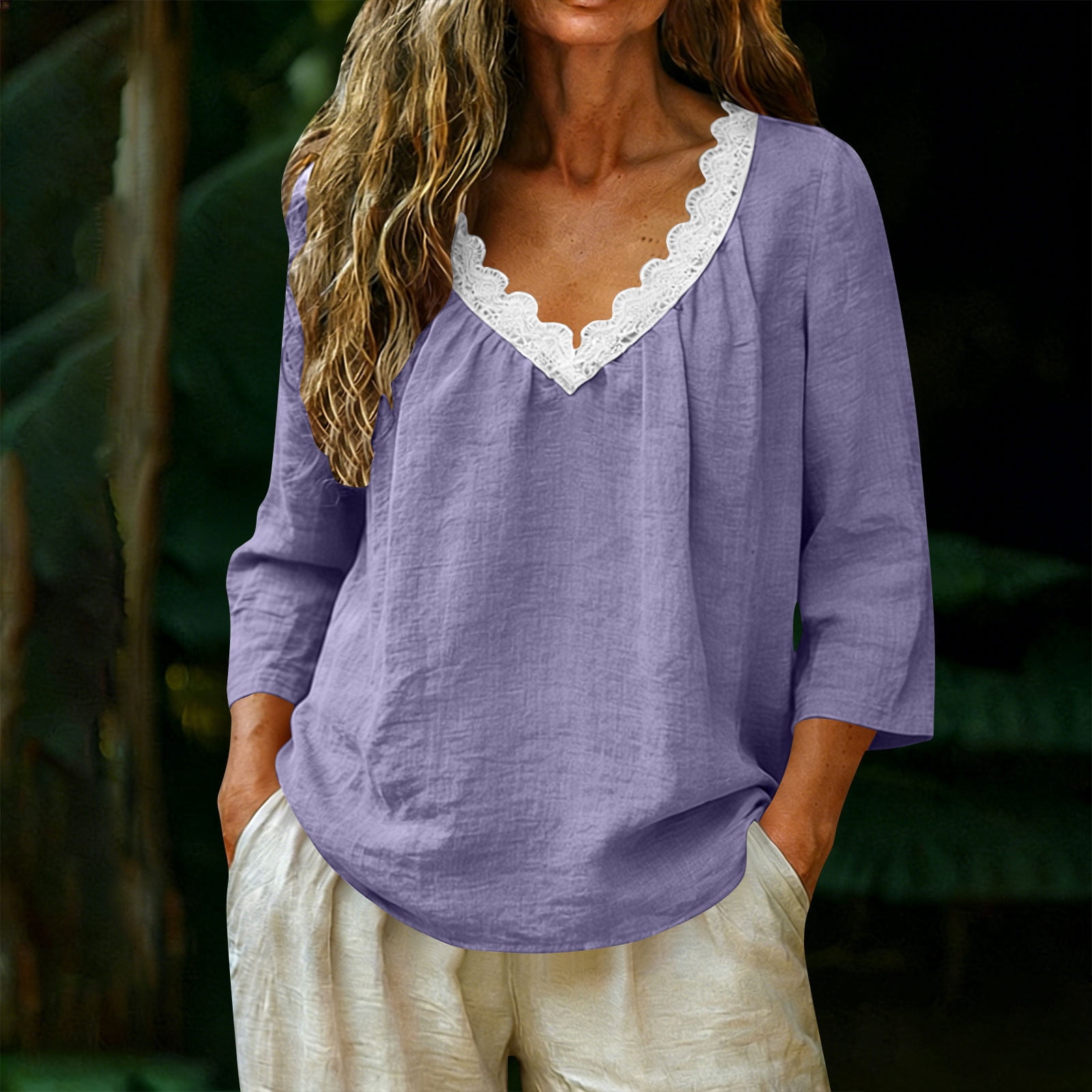 Baeitkot Women's Casual Mid-length Top Women's Casual Solid-color V ...