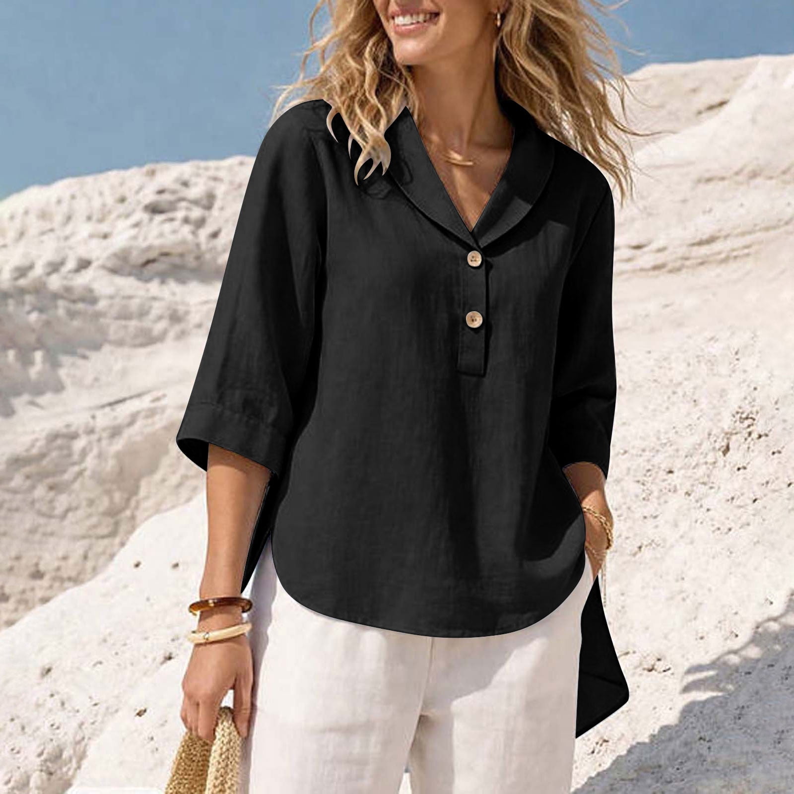 Baeitkot Women's Collar 3/4 Sleeve Tops Women's Notched Collar 3/4 ...