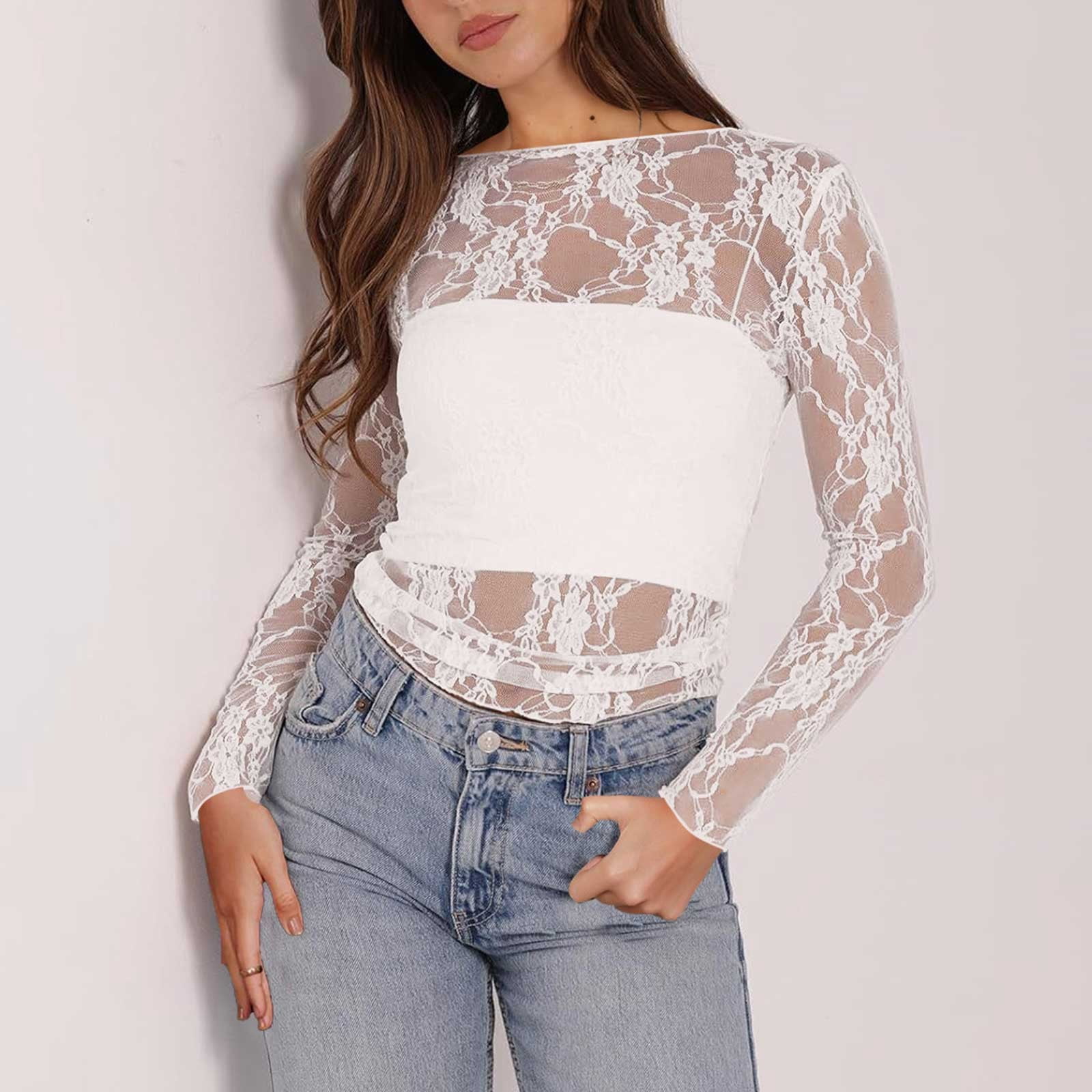 Baeitkot Women's Lace Long-sleeved Neck Top Women's Through Hollowed ...