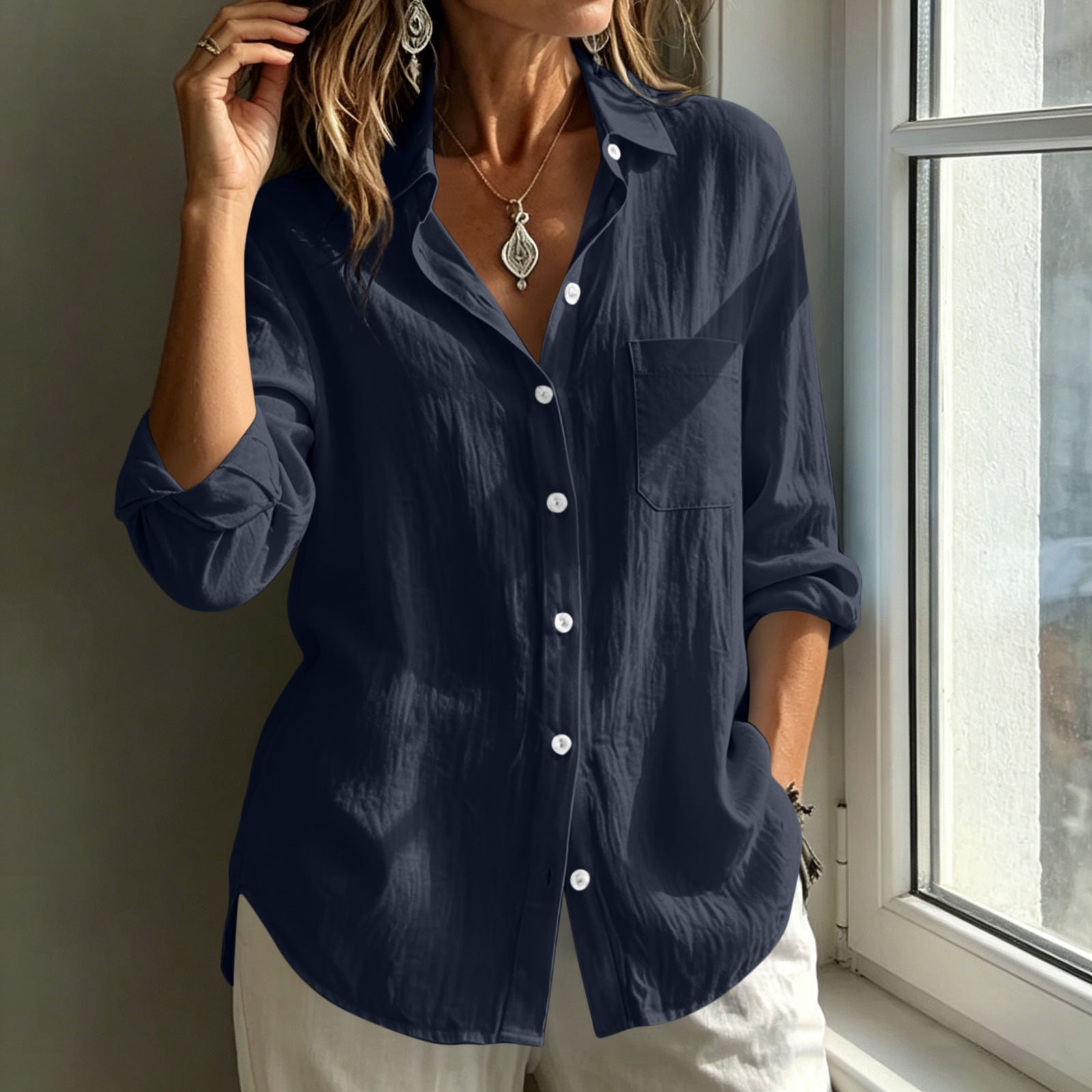 Baeitkot Women's Long Sleeve Button Linen Shirt Women's Solid Color ...