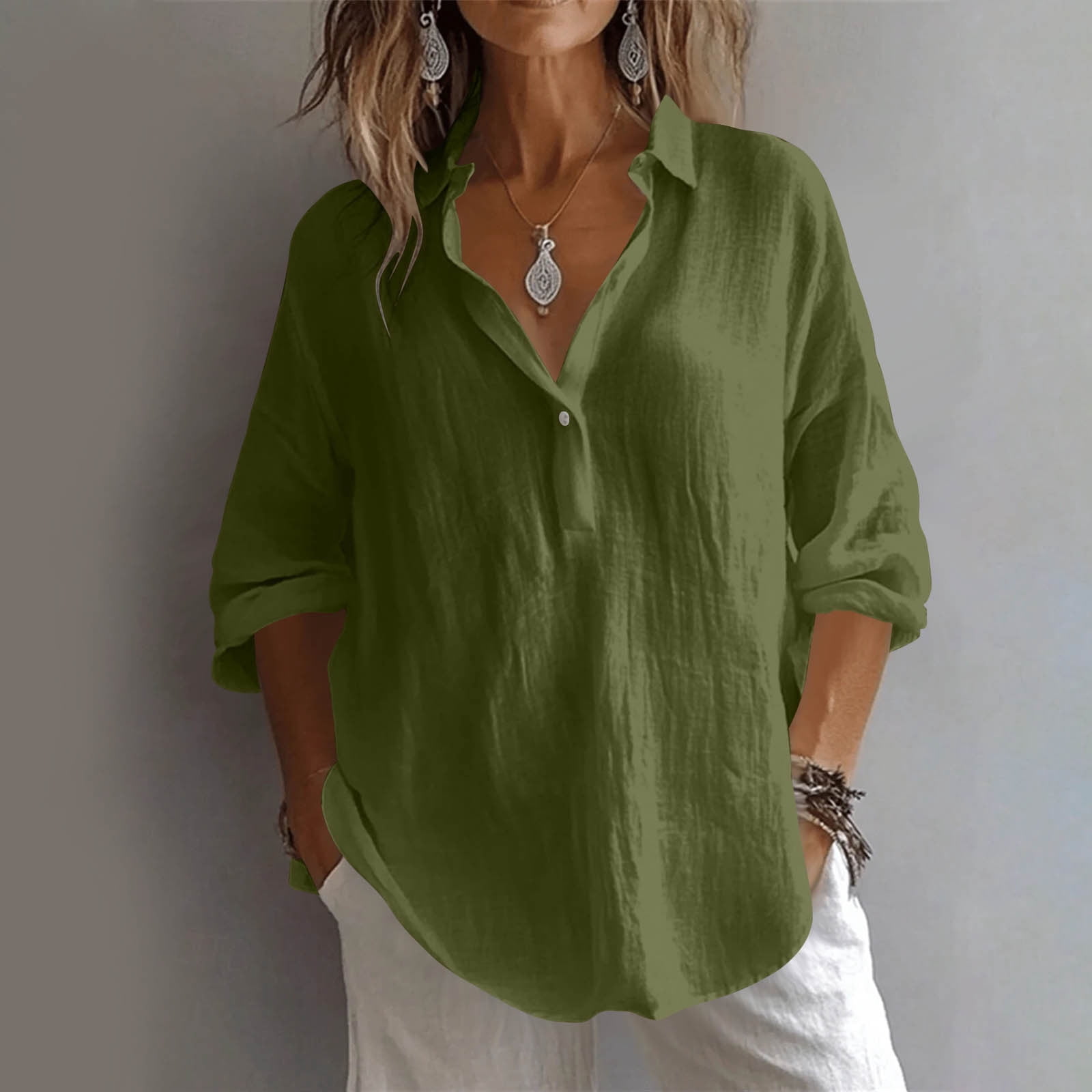 Baeitkot Women's Long Sleeve Linen Shirt Women's Solid Color Long ...