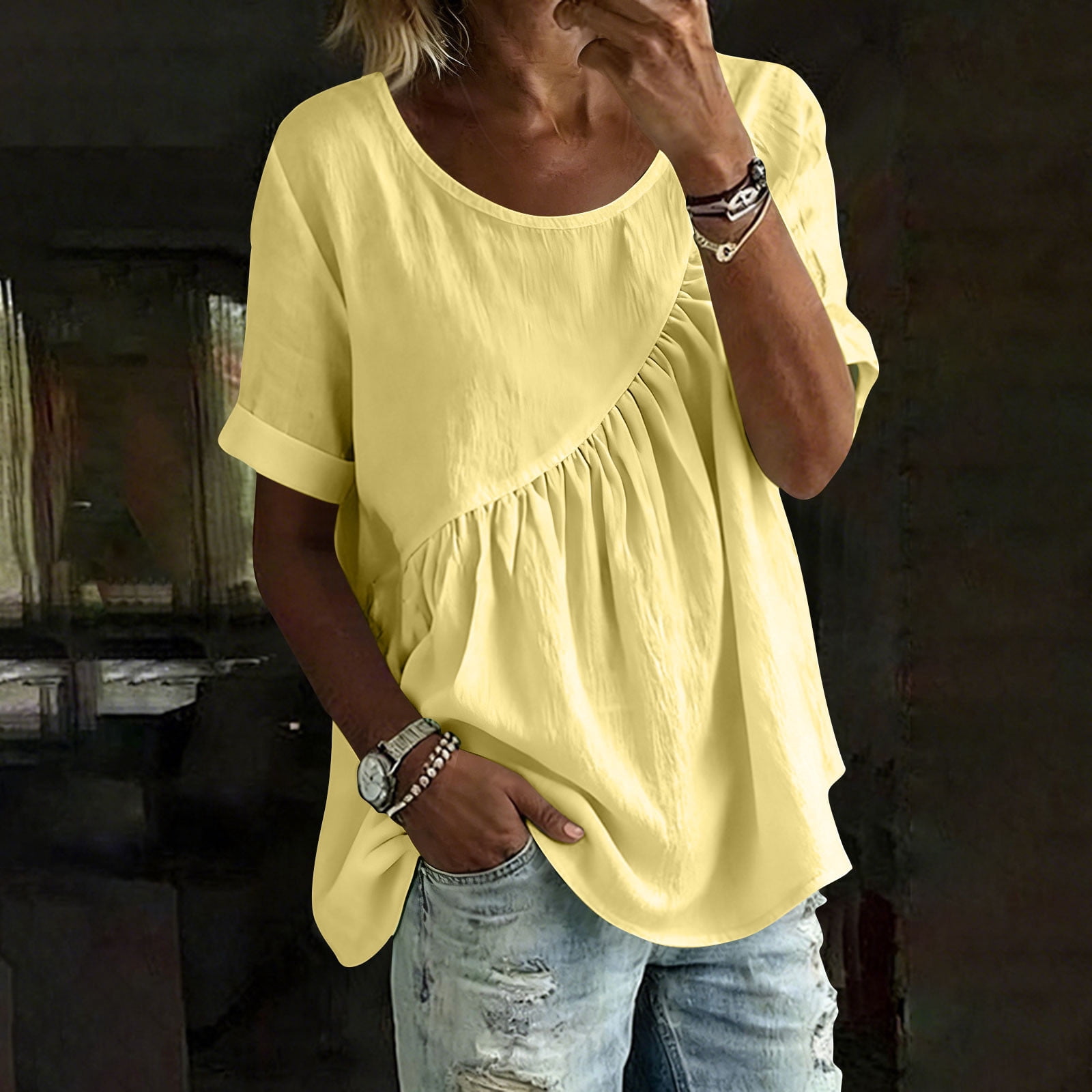 Baeitkot Women's Plain-color Pleated Top Women's Casual Loose Plain ...
