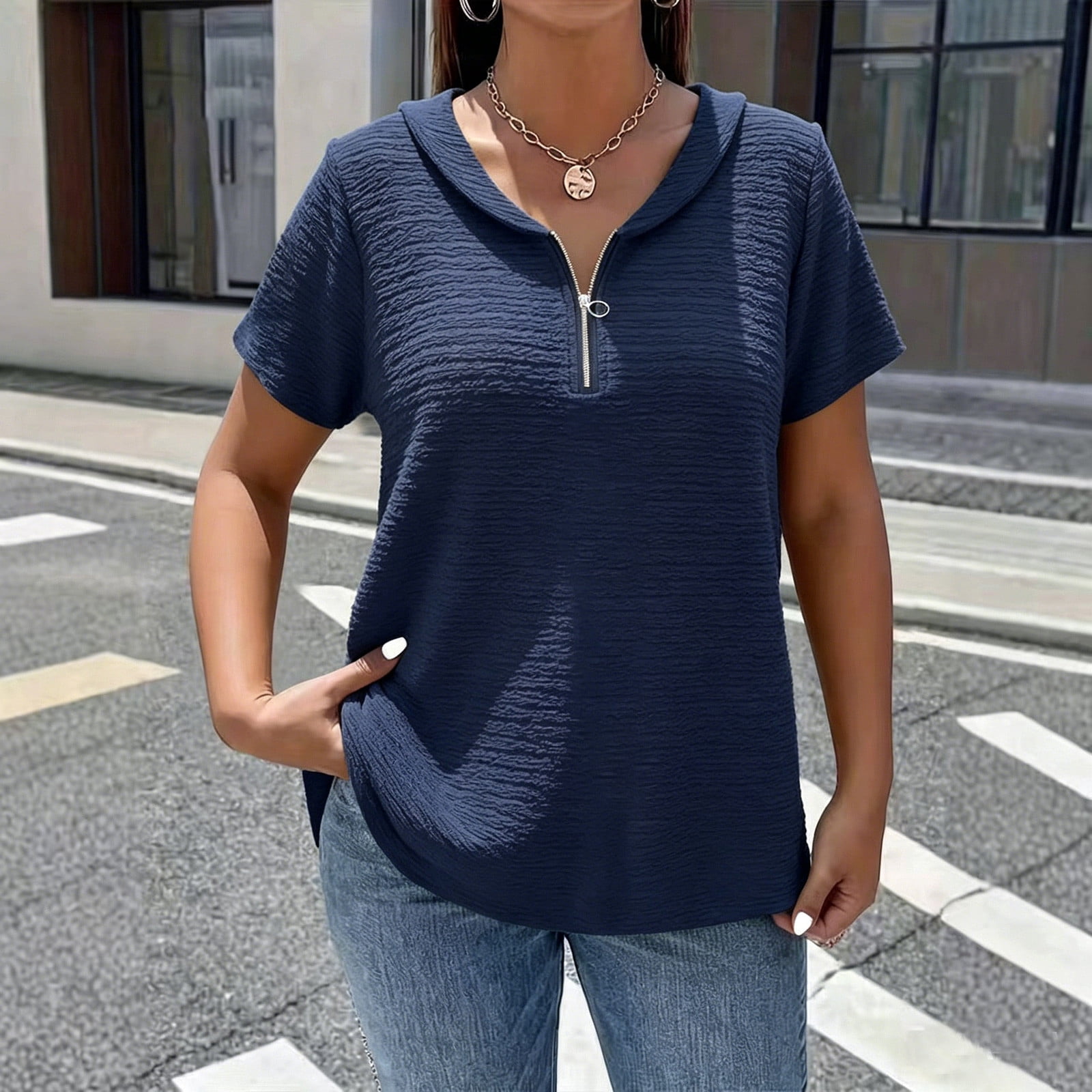 Baeitkot Women's Pleated Zipper T-shirt Top Women's Casual Plain ...