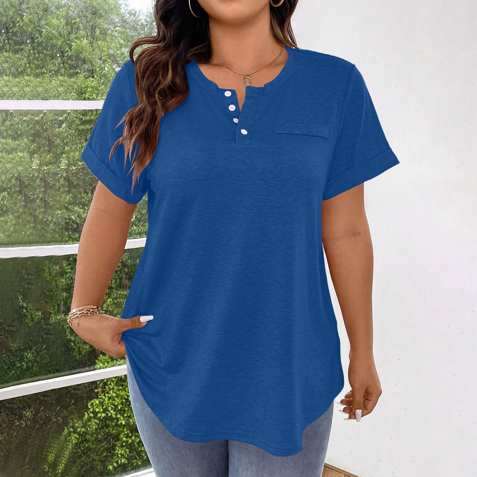 Baeitkot Women's Plus Size Pocket Top Women's Plus Size Solid Color ...