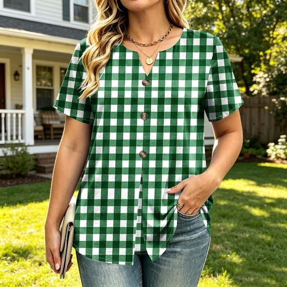 Baeitkot Women's Printed V-Collar Top Women's Decoration Button Printed ...