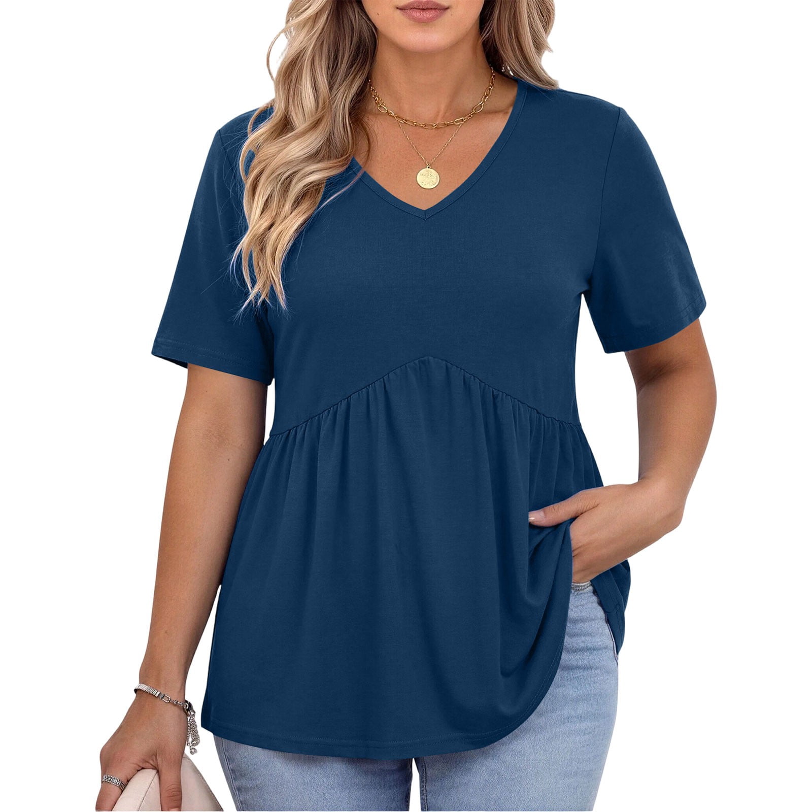 Baeitkot Women's Short-Sleeve Crew Neck Top Women's Solid-Color Short ...