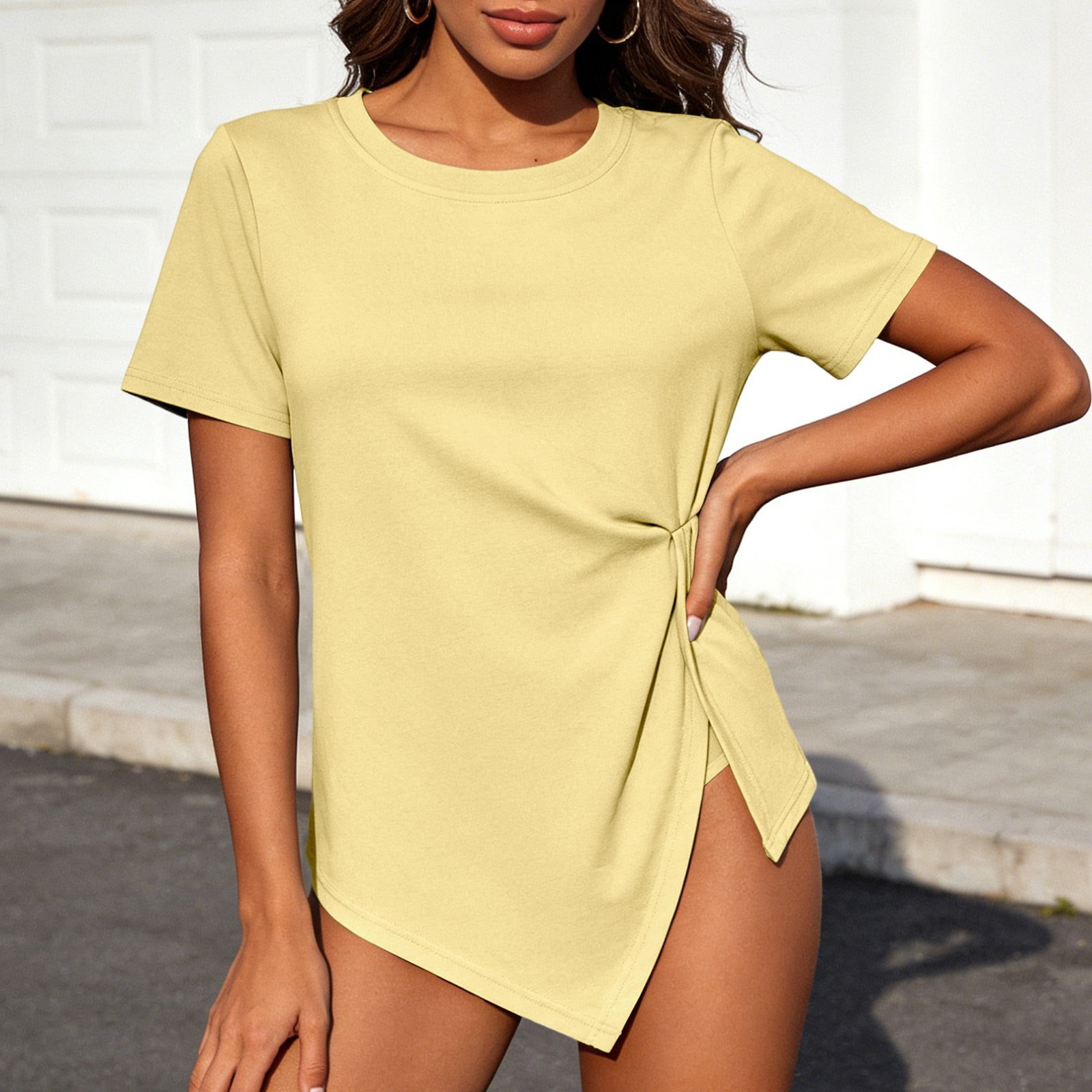 Baeitkot Women's Short-Sleeved Top Women's Casual Loose Solid Color ...