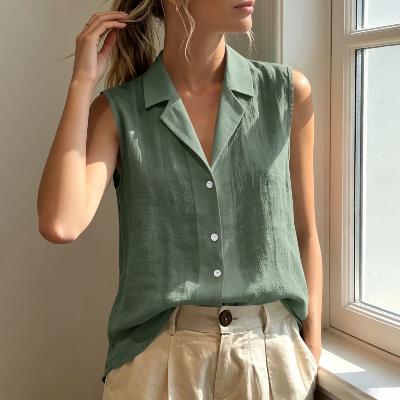 Baeitkot Women's Sleeveless Linen Shirt Women's Solid Color Collared ...