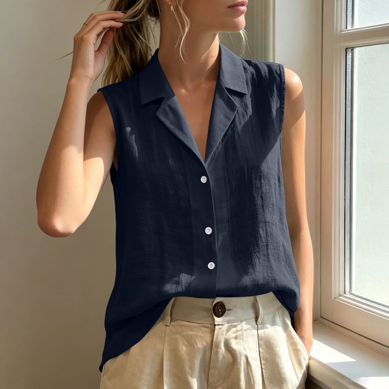 Baeitkot Women's Sleeveless Linen Shirt Women's Solid Color Collared ...
