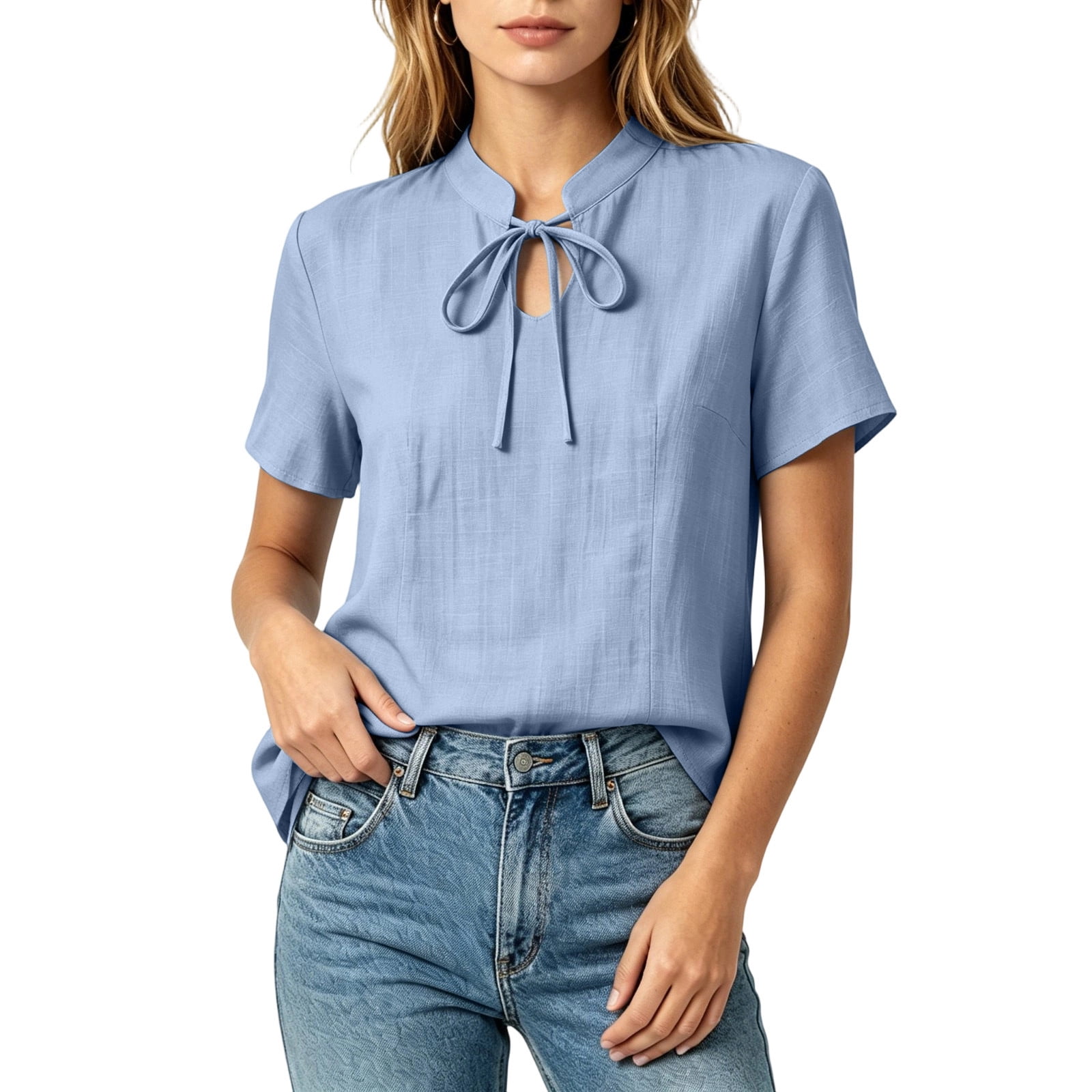 Baeitkot Women's Summer Short Sleeved Top Women's Summer Lace Up Collar ...