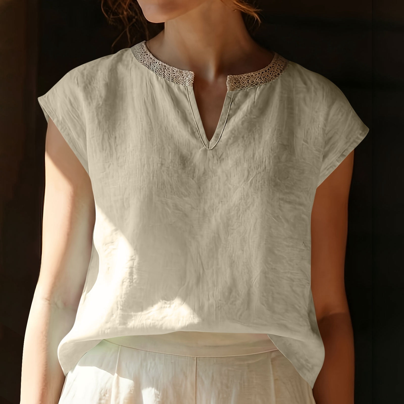 Baeitkot Women's V-Neck Sleeveless Top Women's V-Neck Lace Linen ...