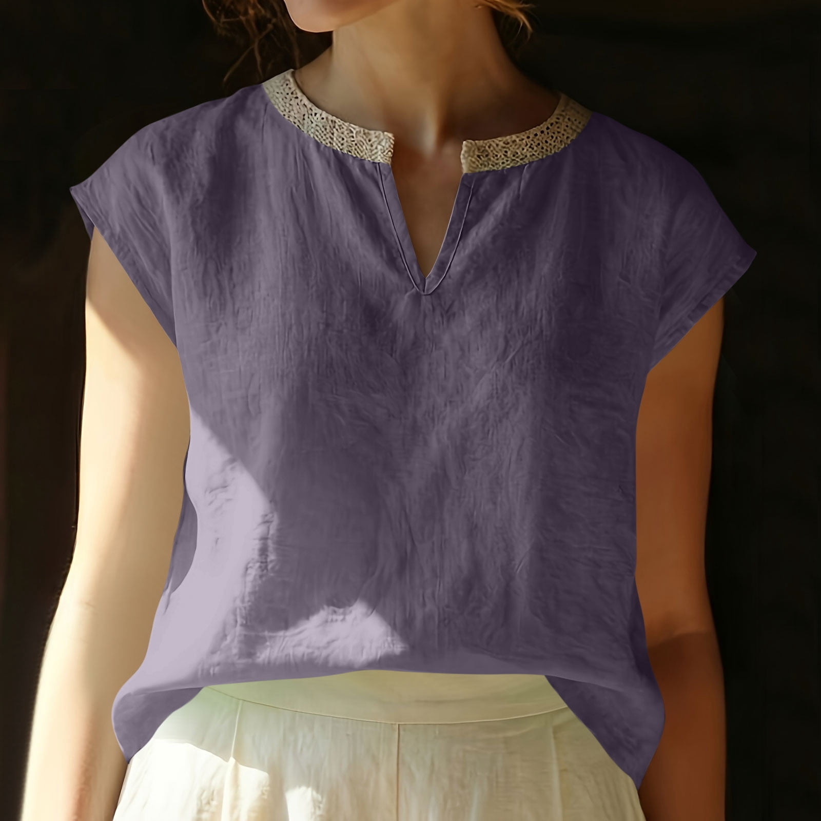 Baeitkot Women's V-Neck Sleeveless Top Women's V-Neck Lace Linen ...