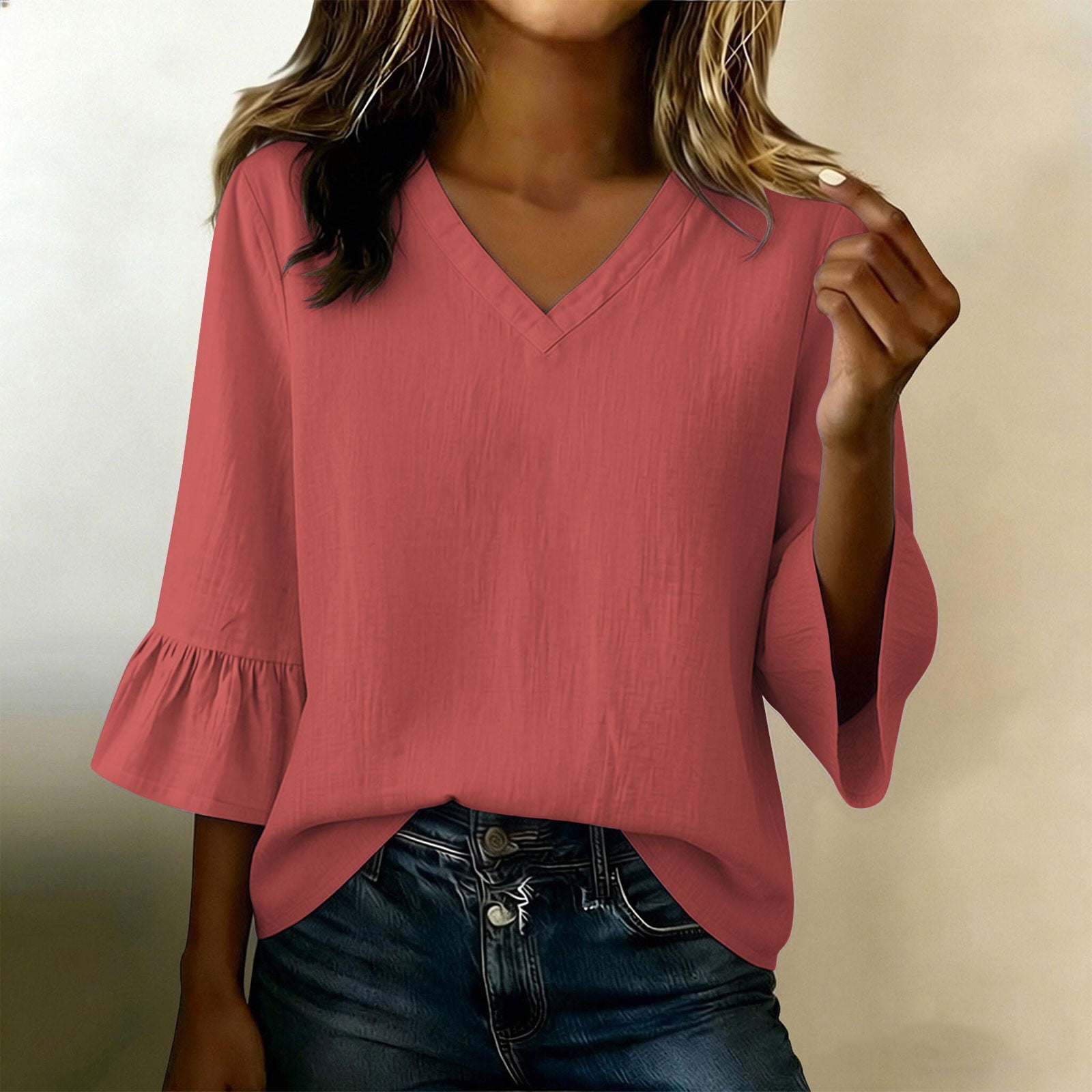 Baeitkot Women's V-neck Quarter Sleeve Top Women's Solid Color V-neck ...
