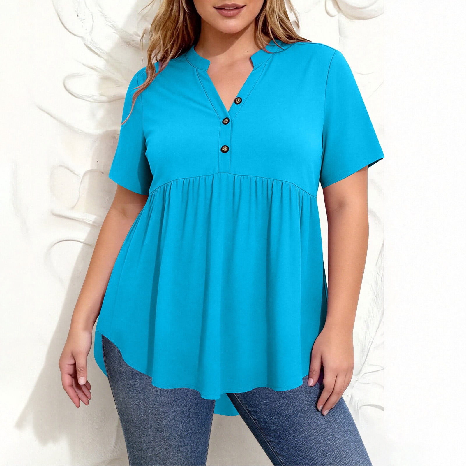 Baeitkot Womens Plus Size Button-Up Top Womens Plus Size Solid Color ...