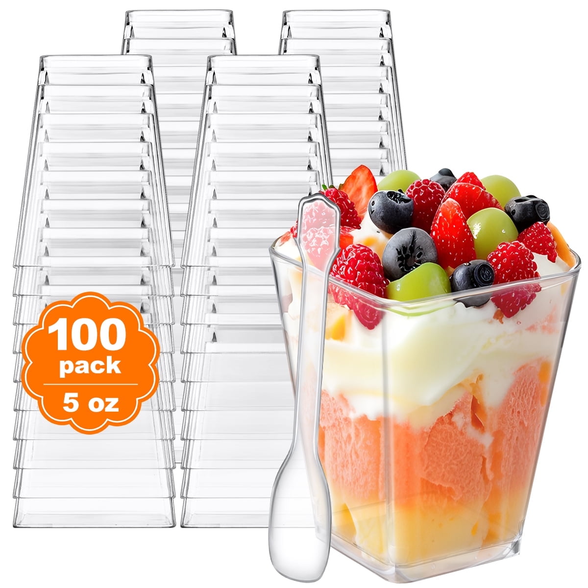 BagDream 5oz Plastic Dessert Cups with Spoons, Square Parfait Cups for ...