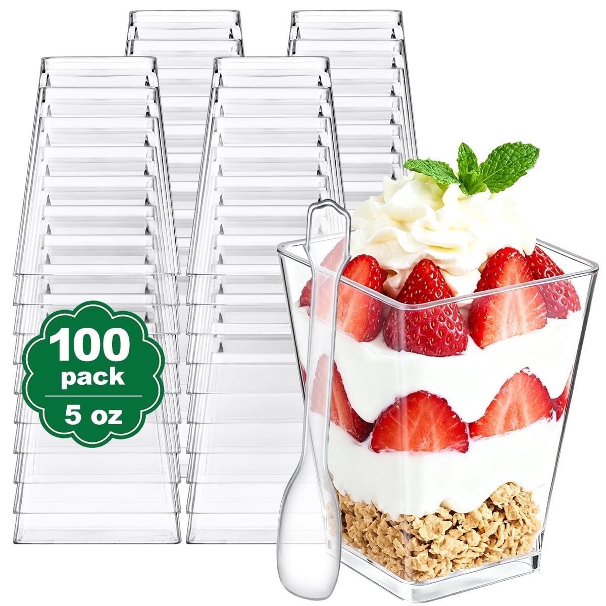 BagDream 5oz Plastic Dessert Cups with Spoons, Square Parfait Cups for ...