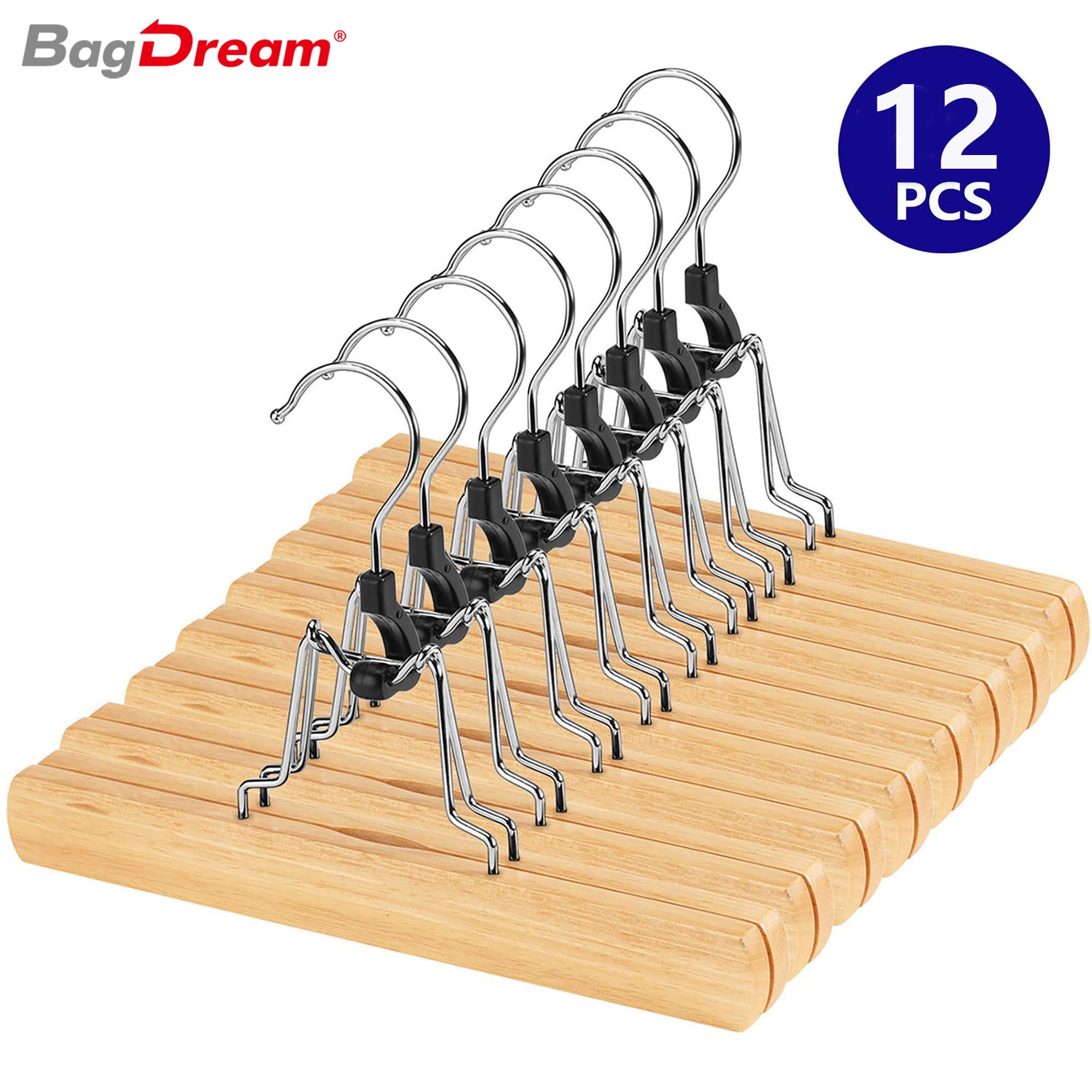 BagDream 12 Pack Natural Wooden Pants Hangers with Non Slip Clips, 360 ...