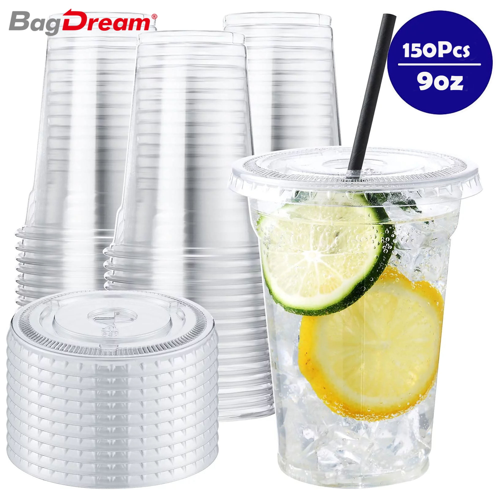 BagDream 150 Sets 9 oz Disposable Plastic Cups with Lids - Clear Cups ...