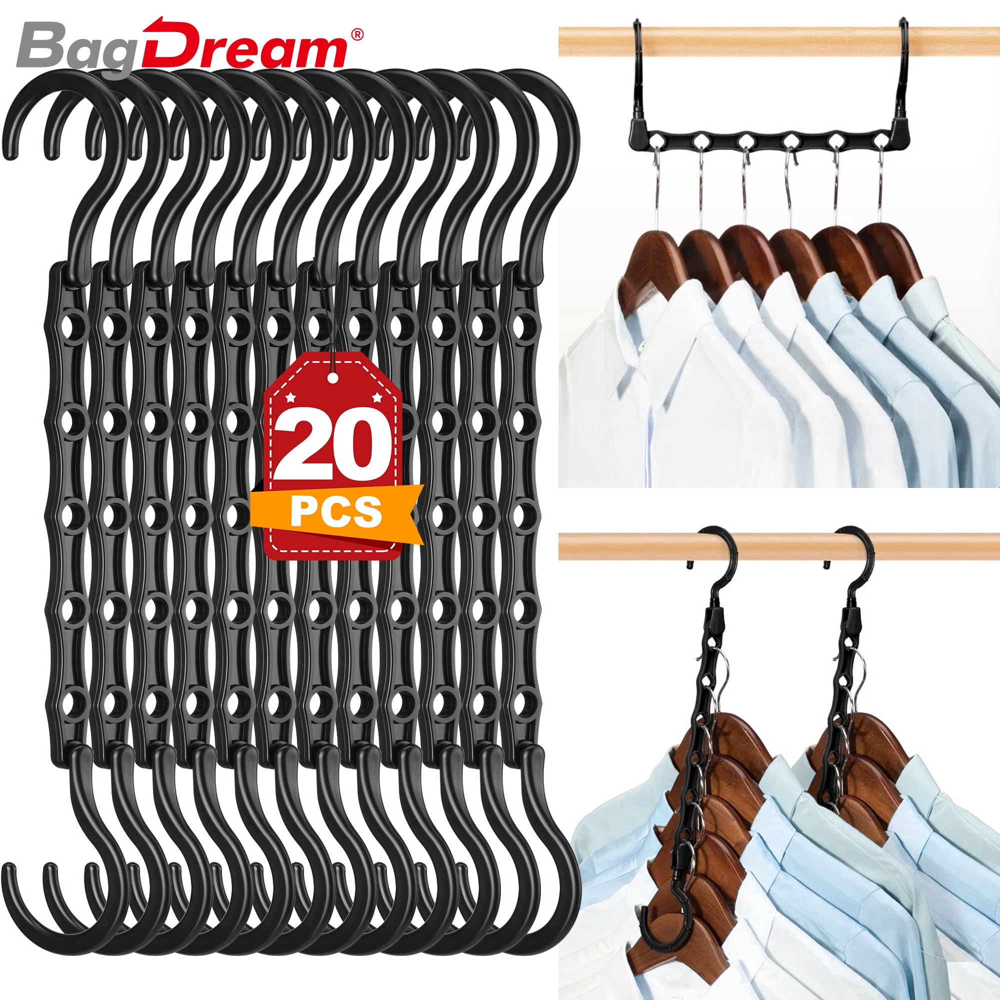 BagDream 20Pk Black Magic Hangers, 5-Hole Smart Hooks, Heavy Clothes ...