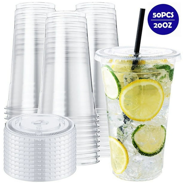 BagDream 50 Pack 20 oz Clear Plastic Cups with Lids, Disposable Clear ...