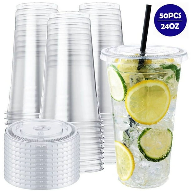 BagDream 50 Pack 24 oz Clear Plastic Cups with Lids, Disposable Clear ...